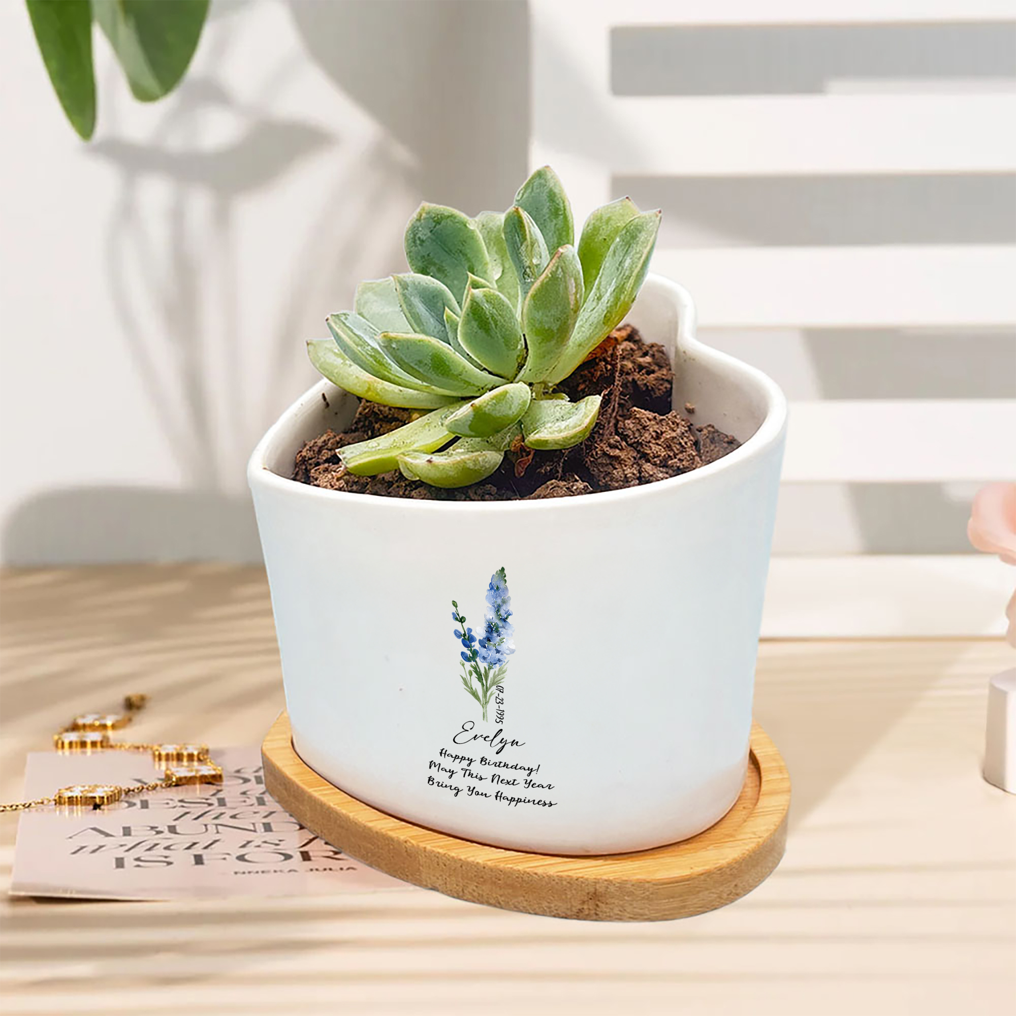 Personalized Birth Flower Heart-Shaped Name Ceramic Plant Pot with Date ...