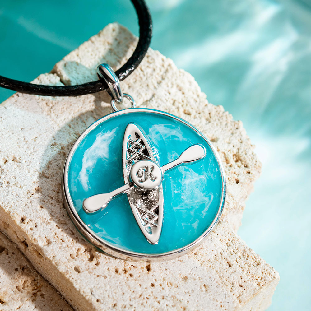 Personalized Kayak Blue Lake Round Resin Necklace with Rotate Paddle ...
