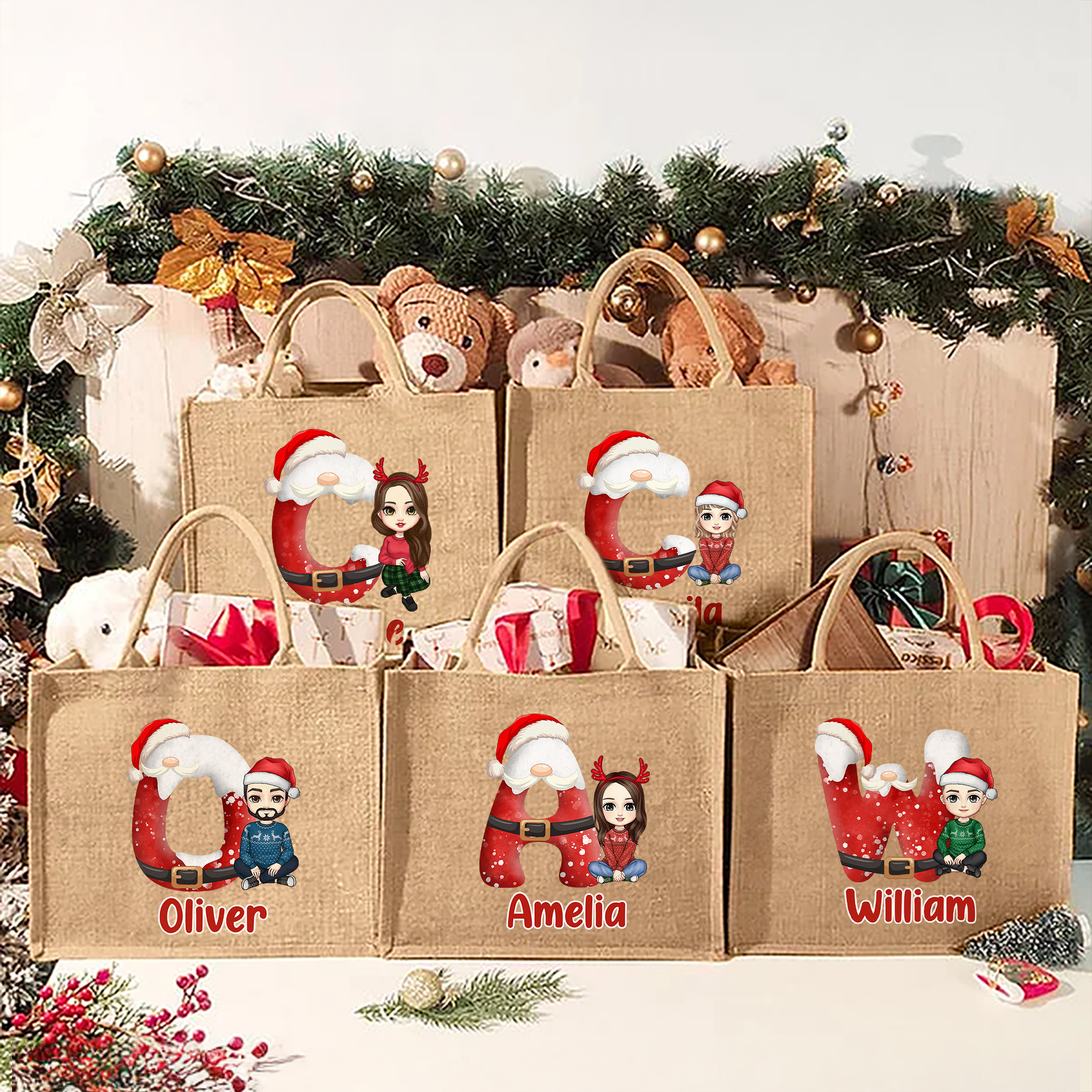 Personalized Cartoon Character Santa Claus Initial Large Jute Tote Bag ...