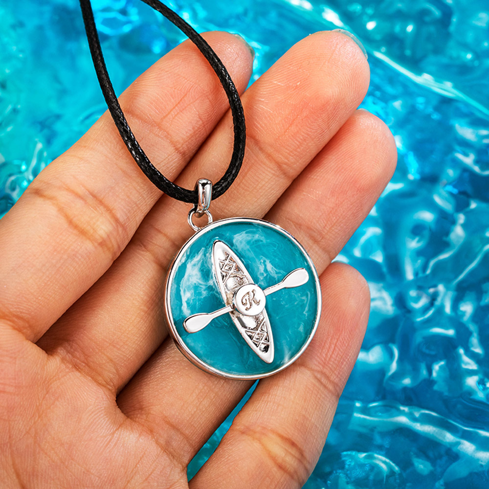 Personalized Kayak Blue Lake Round Resin Necklace with Rotate Paddle ...