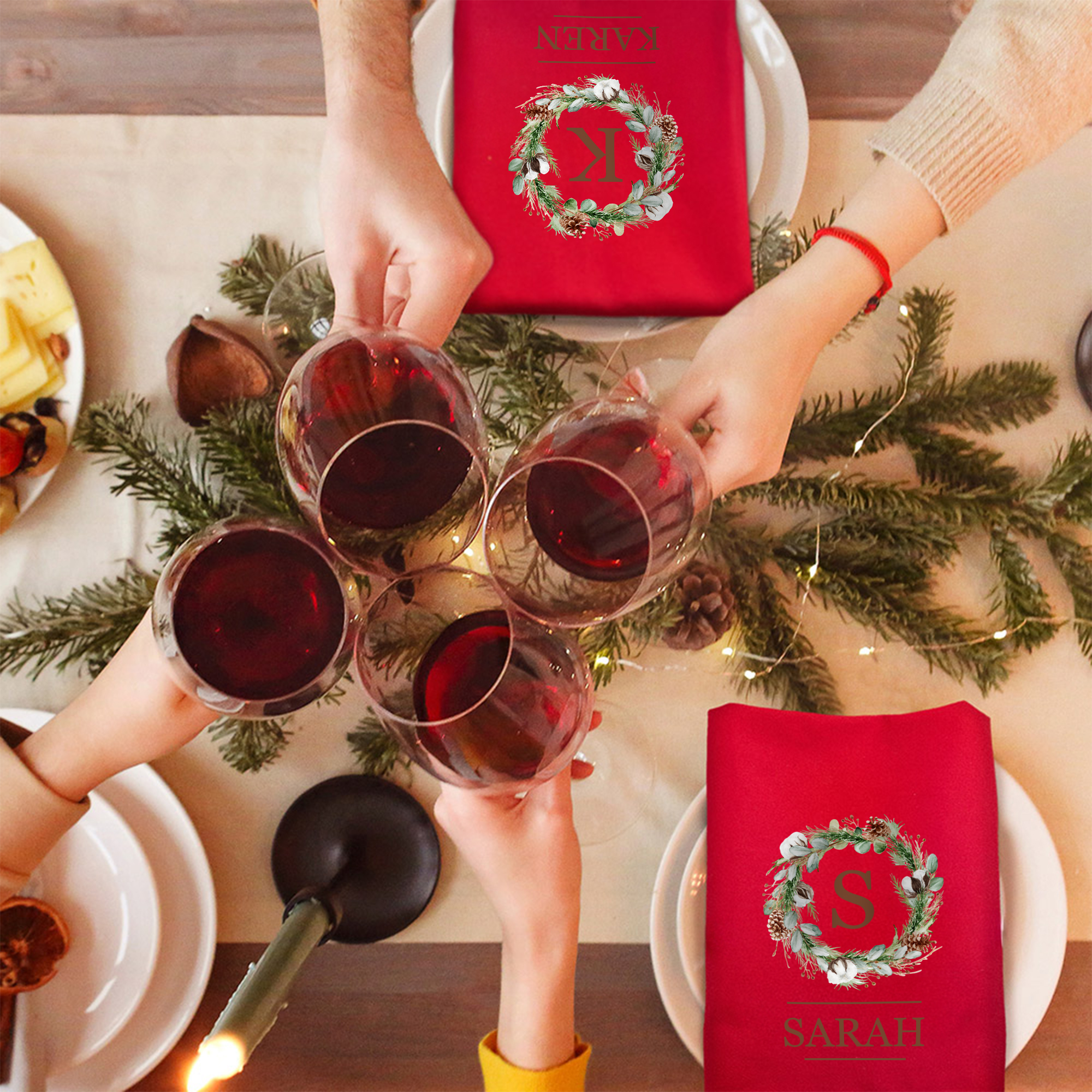 Personalized Christmas Wreath 100% Cotton Red Table Napkin with Initial ...