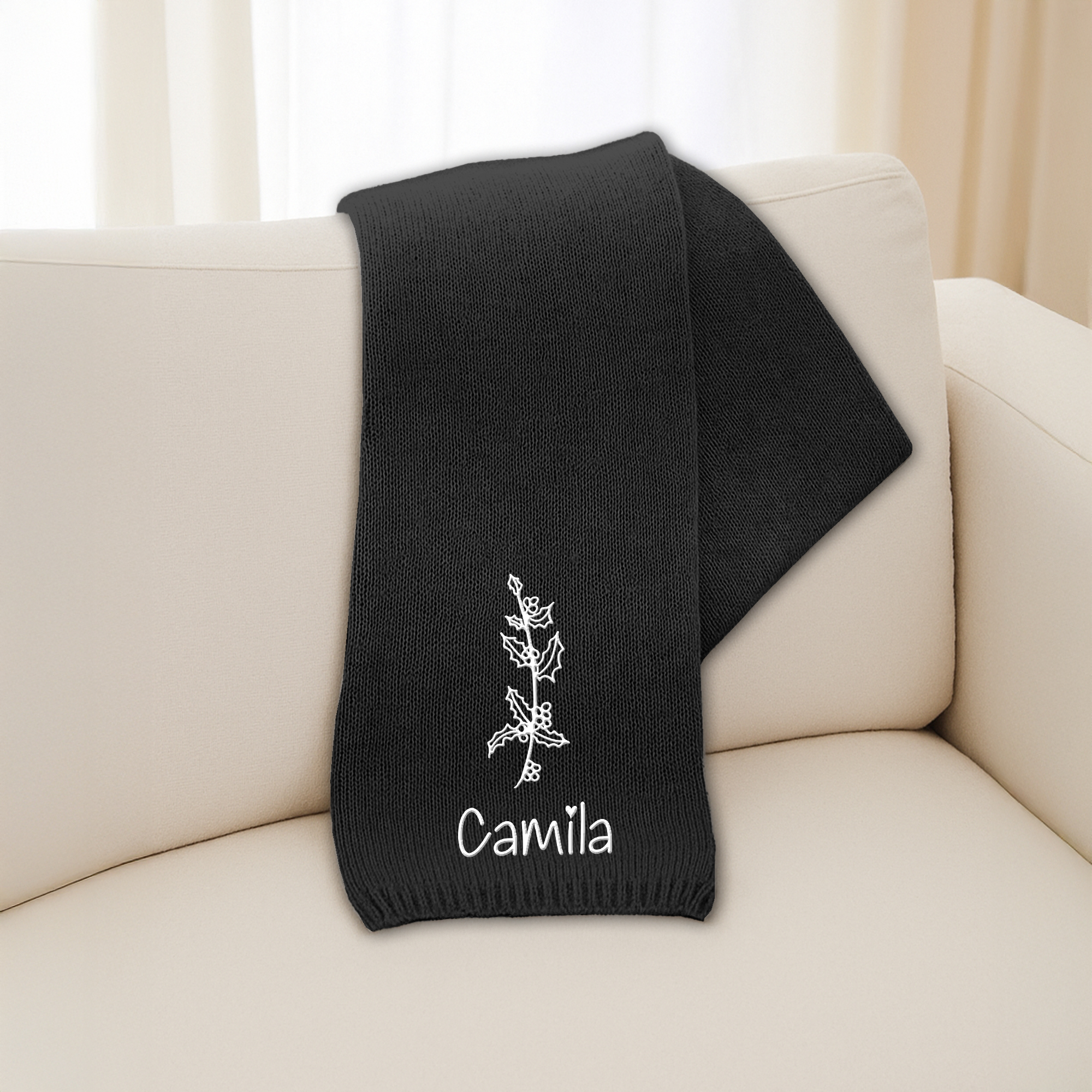 Personalized Embroidered Birth Flower Soft Warm Knit Scarf with Name ...