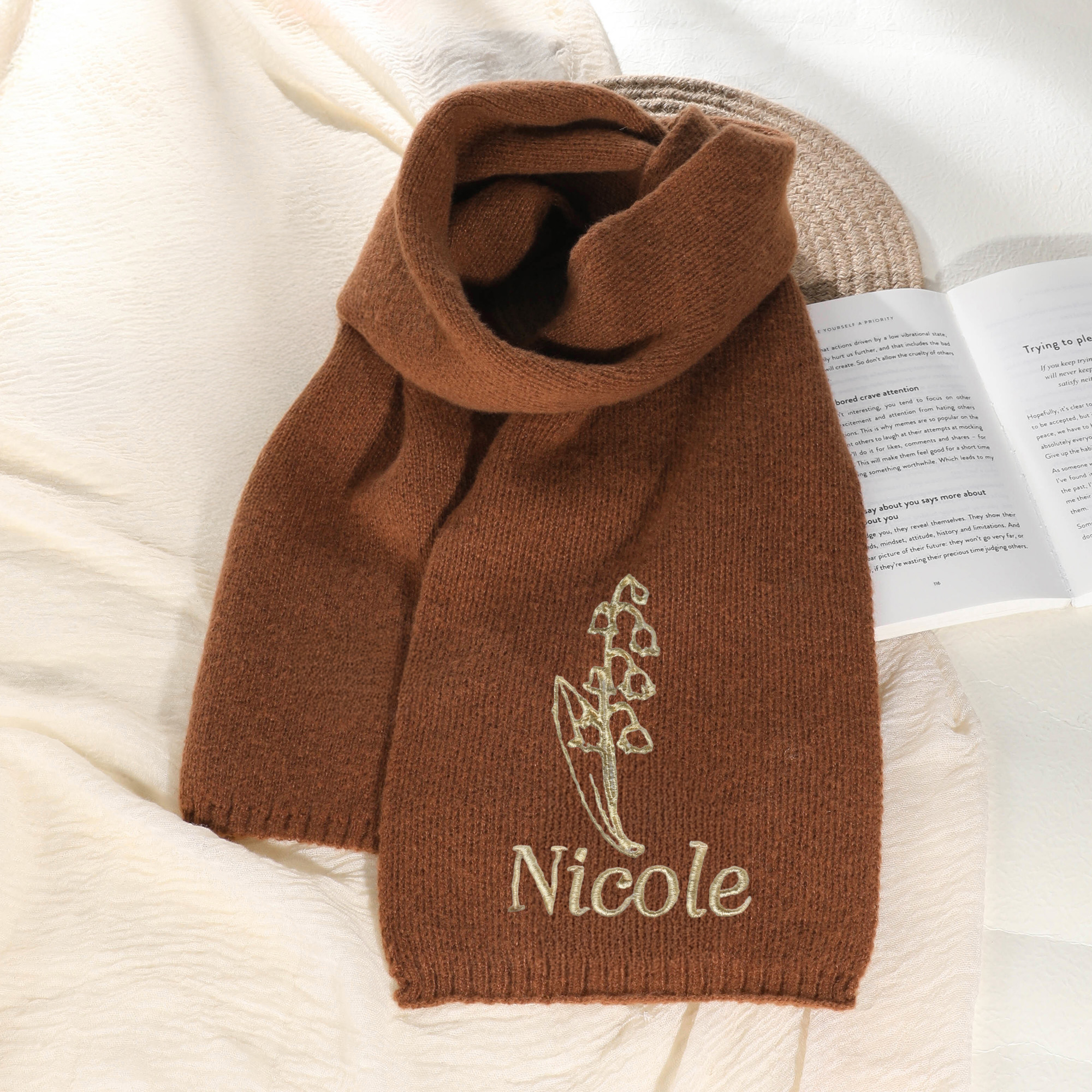 Personalized Embroidered Birth Flower Soft Warm Knit Scarf with Name ...