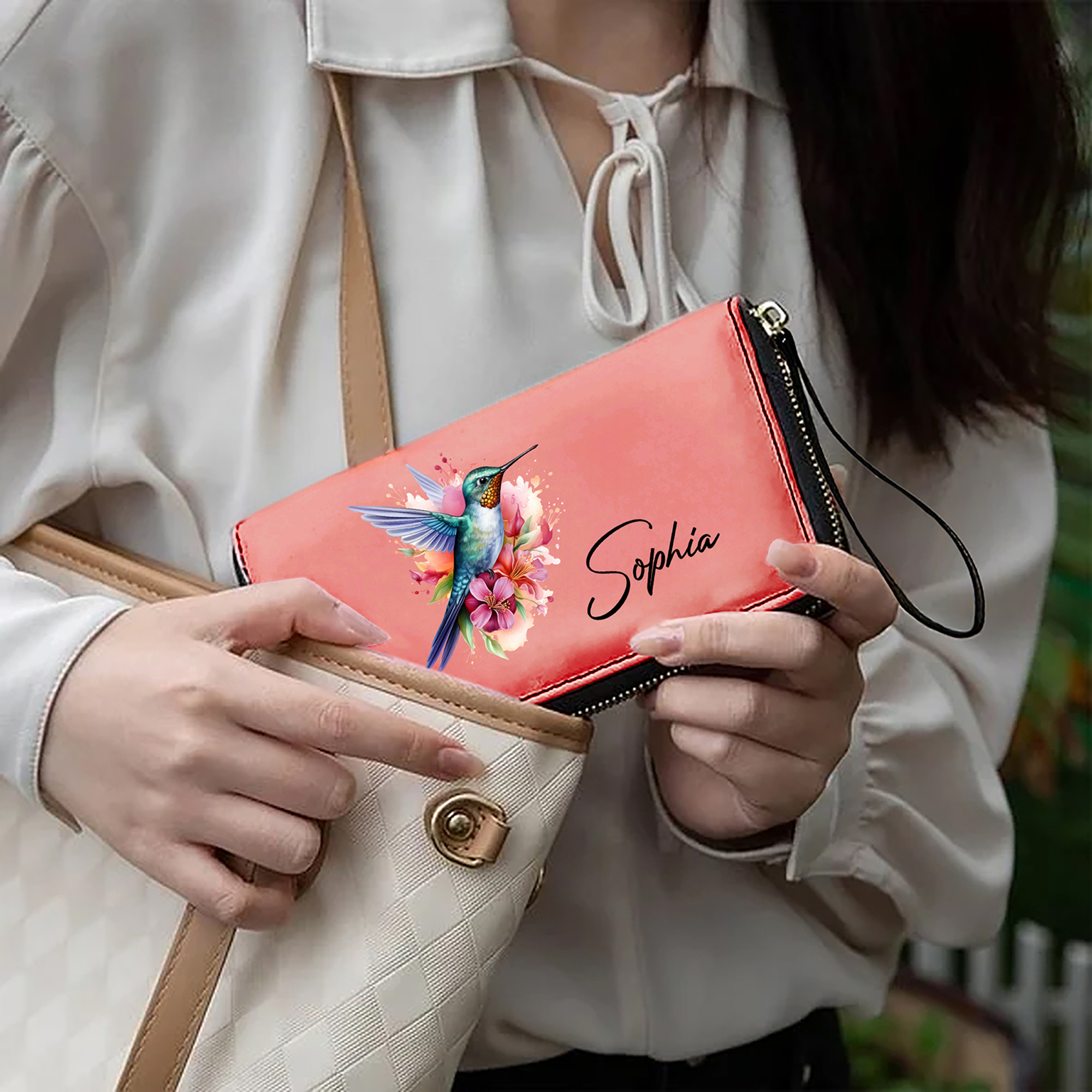 Personalised Hummingbird PU Leather Zipper Wallet with Name and Wrist ...