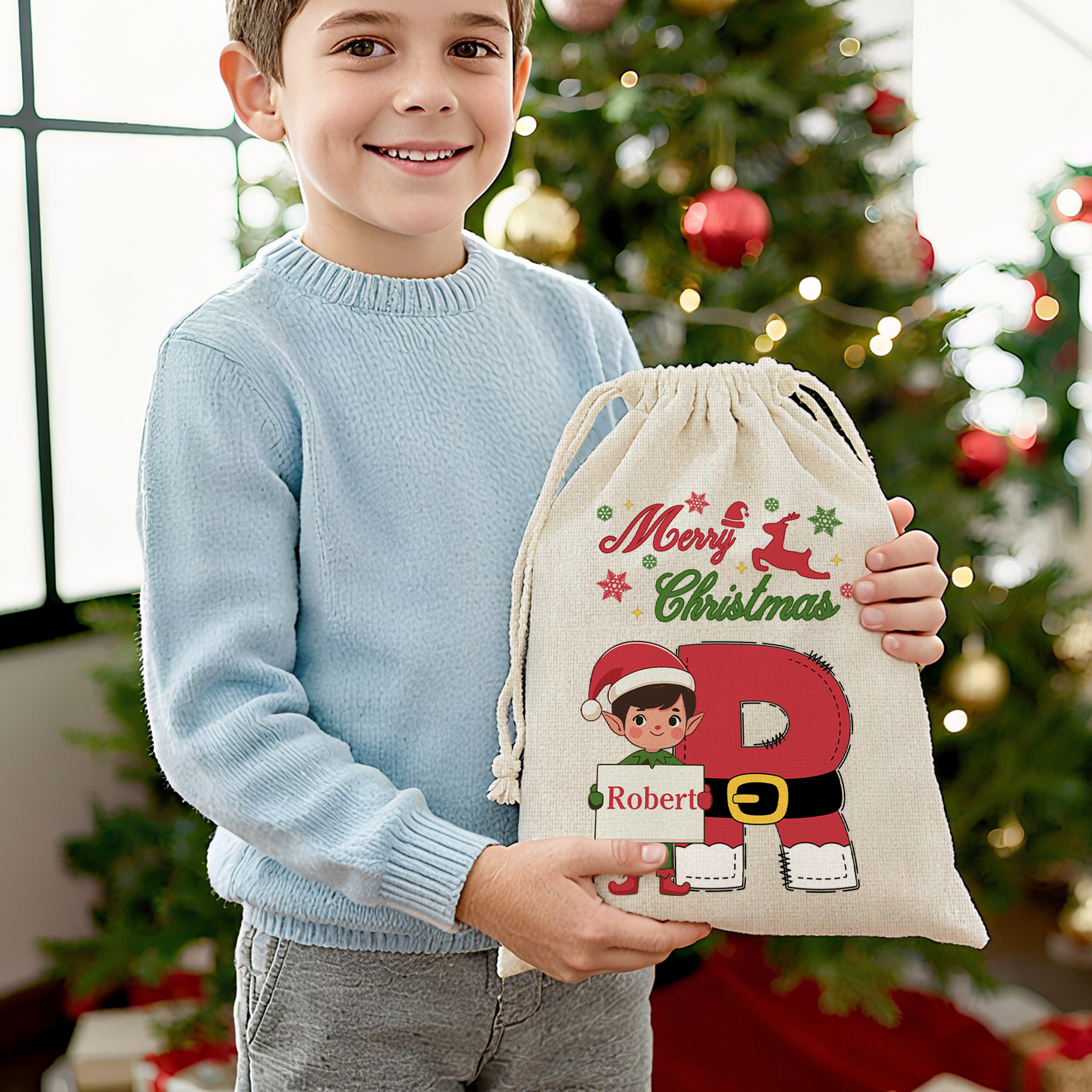 Personalised Christmas Elf Drawstring Canvas Gift Bag with Name and ...