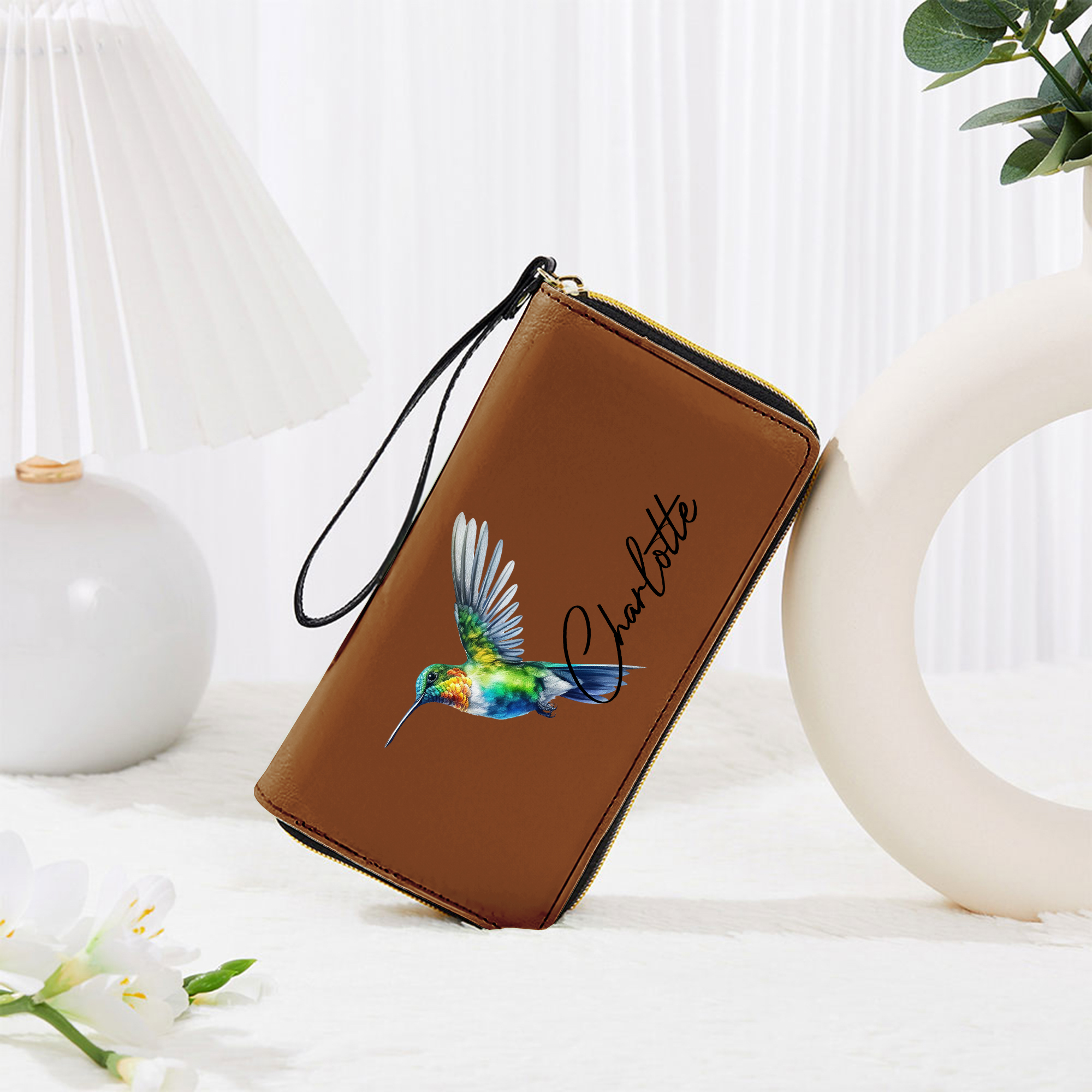 Personalized Hummingbird PU Leather Zipper Wallet with Name and Wrist ...