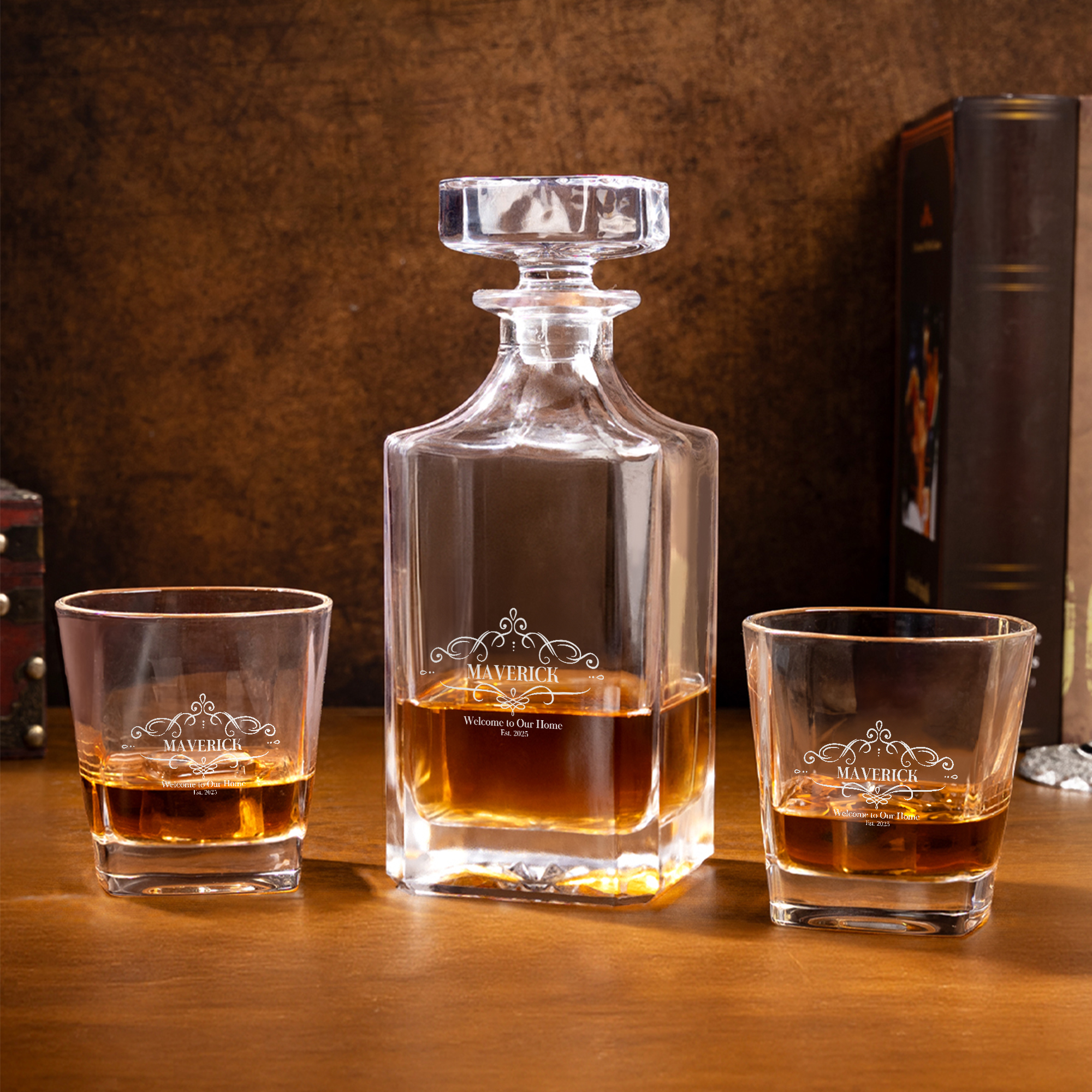 Personalised Vintage Border Whiskey Decanter 2 Glasses Box Set with ...