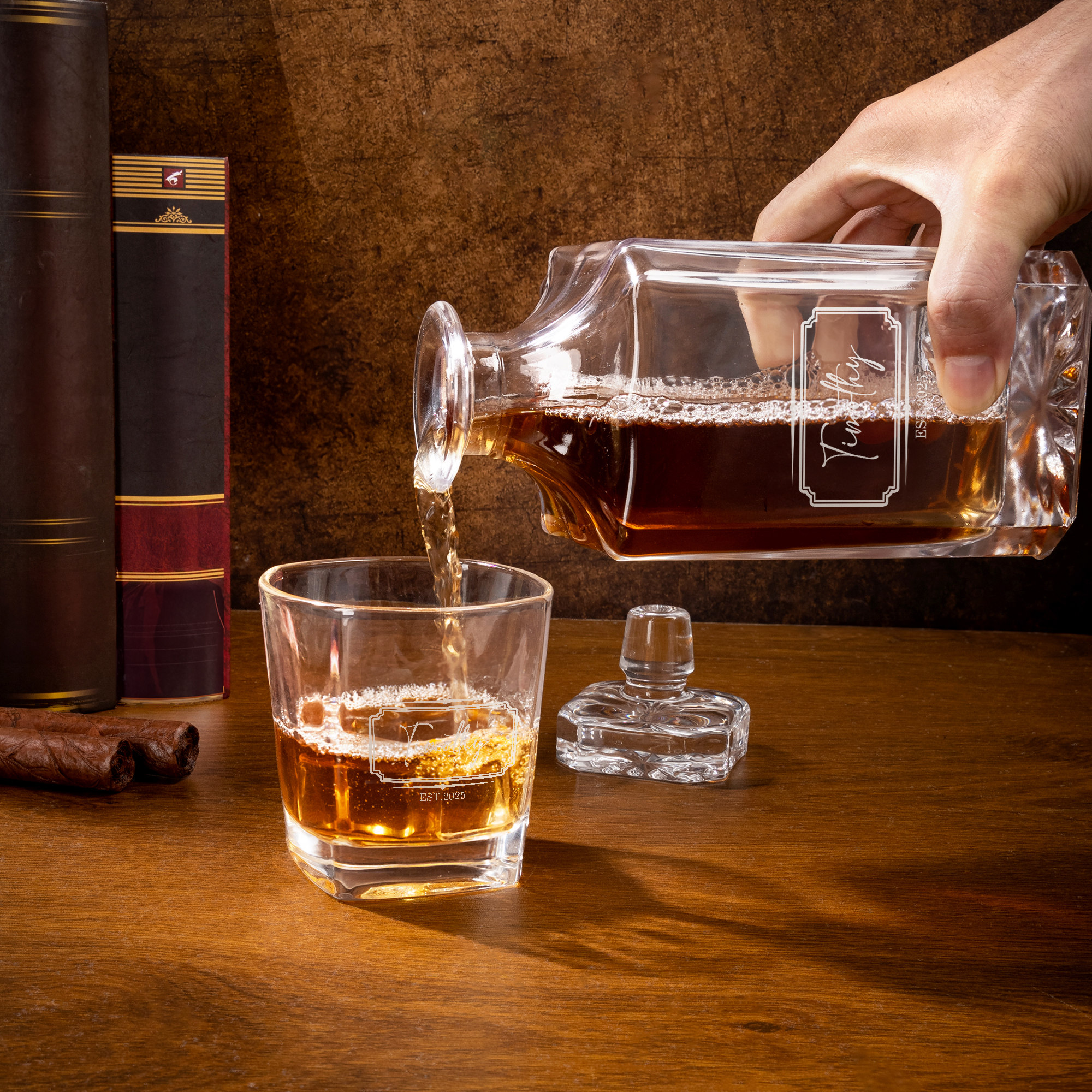 Personalised Vintage Border Whiskey Decanter 4 Glasses Wooden Box Set ...