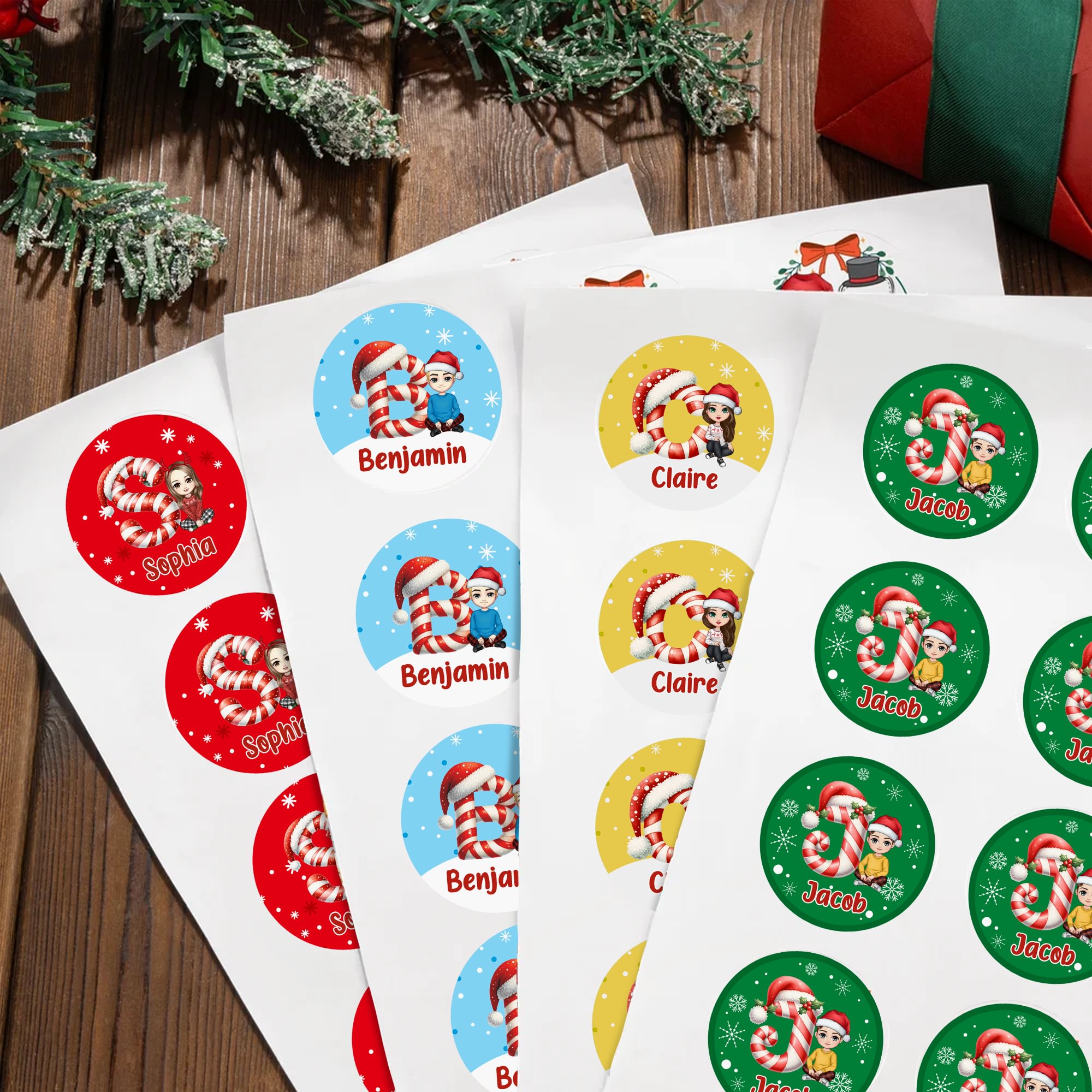 Personalised Cartoon Character Santa Hat Initial Waterproof Stickers ...