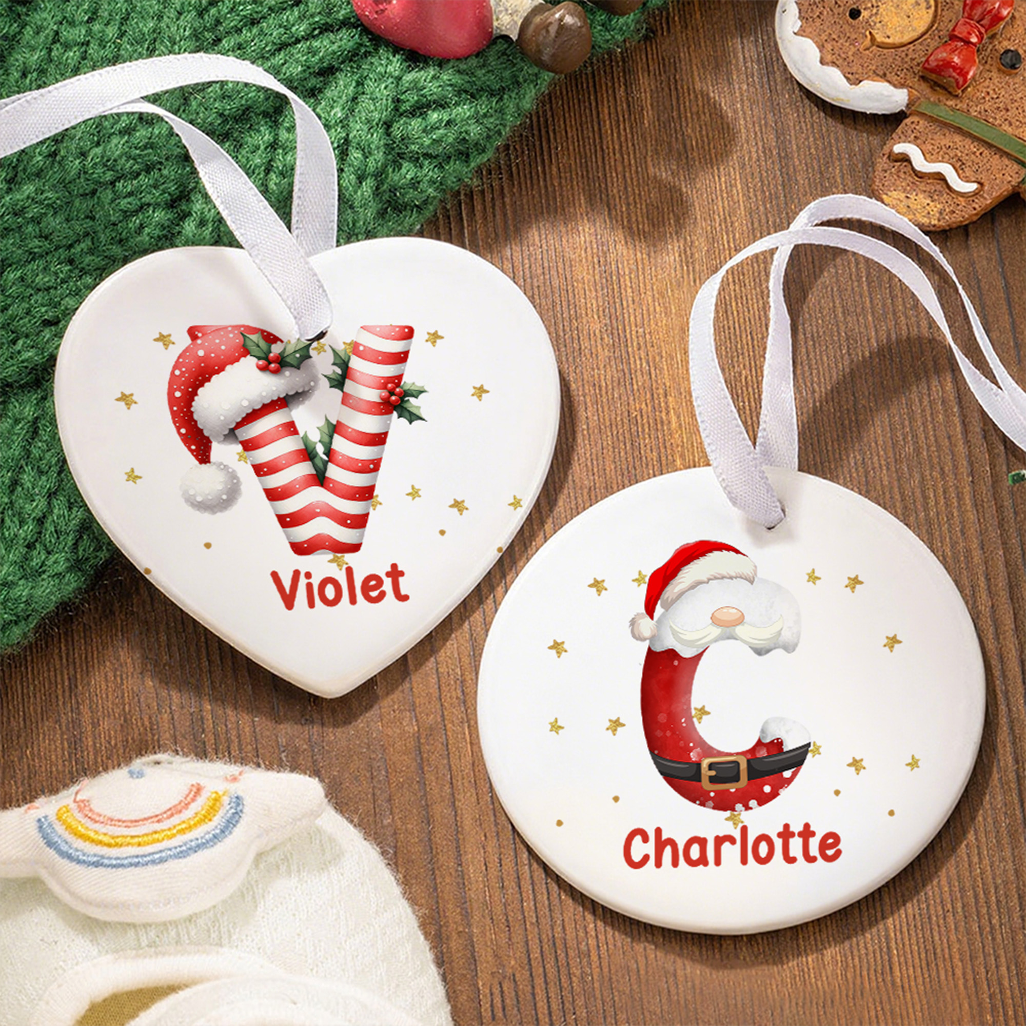 Personalized Santa Claus Candy Cane Initial Round Heart Christmas ...