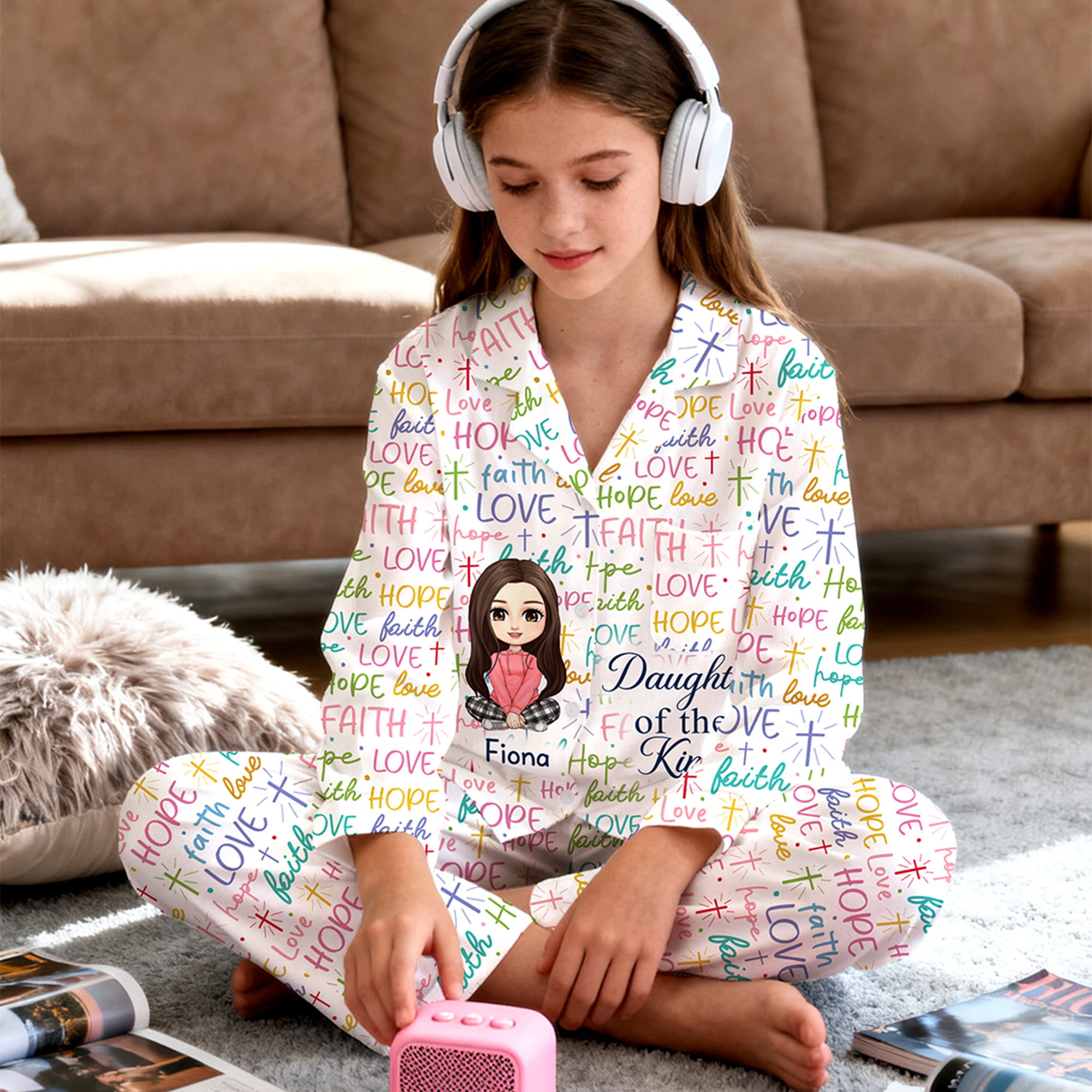 Personalised Cartoon Character Bible Word Cloud Ladies Pyjamas Set with ...
