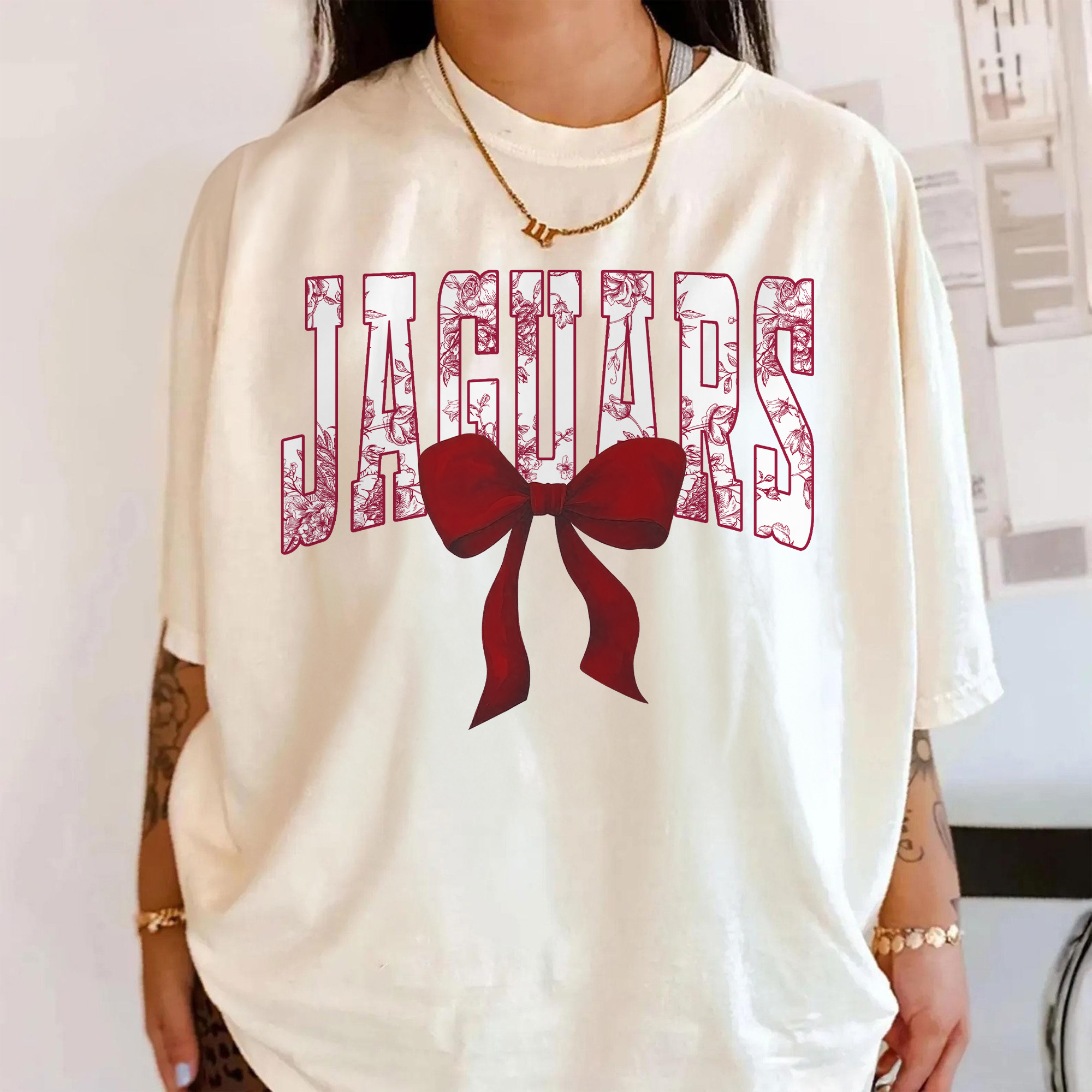 Personalised Toile De Jouy Bow Heavyweight 100% Cotton T-shirt with ...