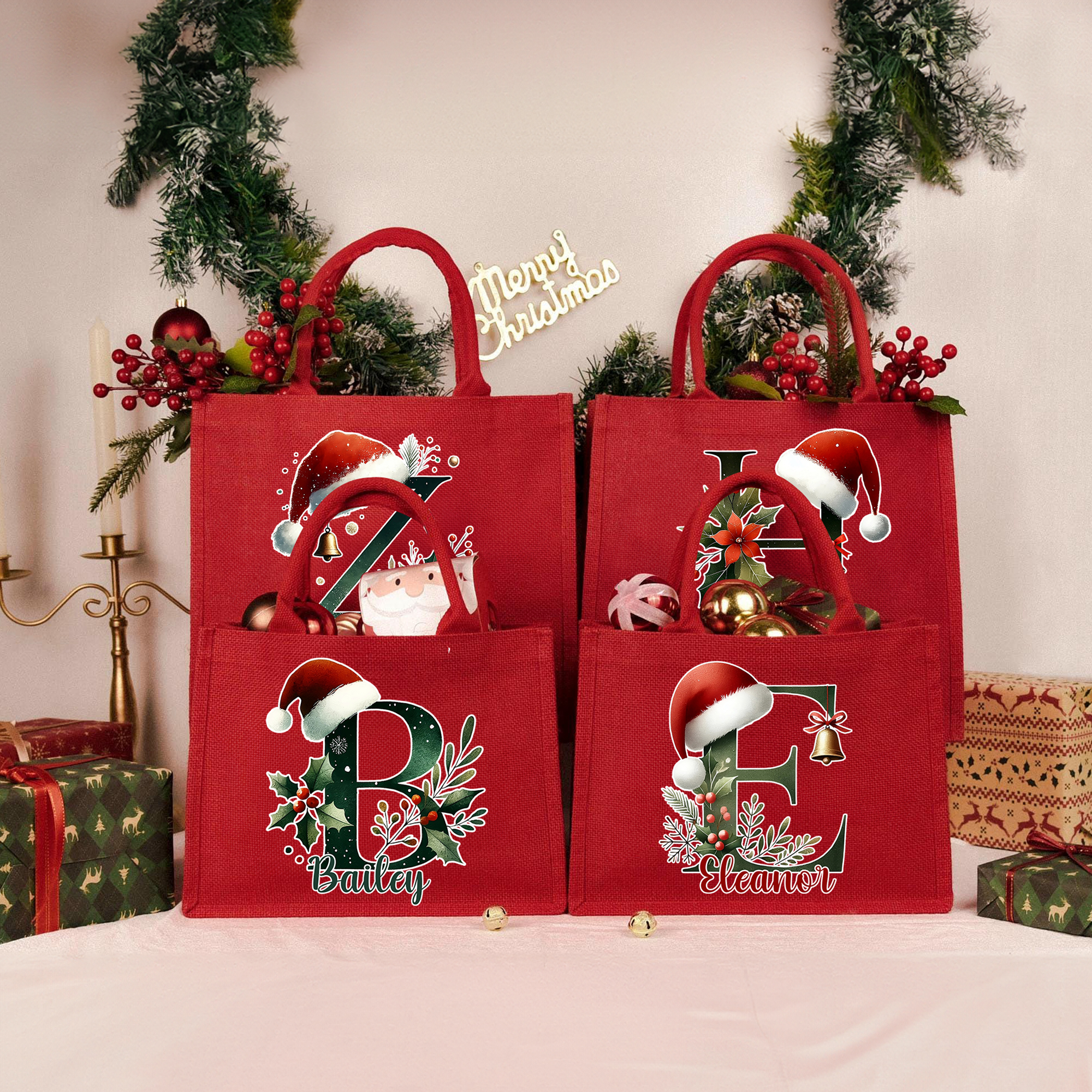 Personalised Bell Santa Hat Large Capacity Jute Red Tote Bag with ...