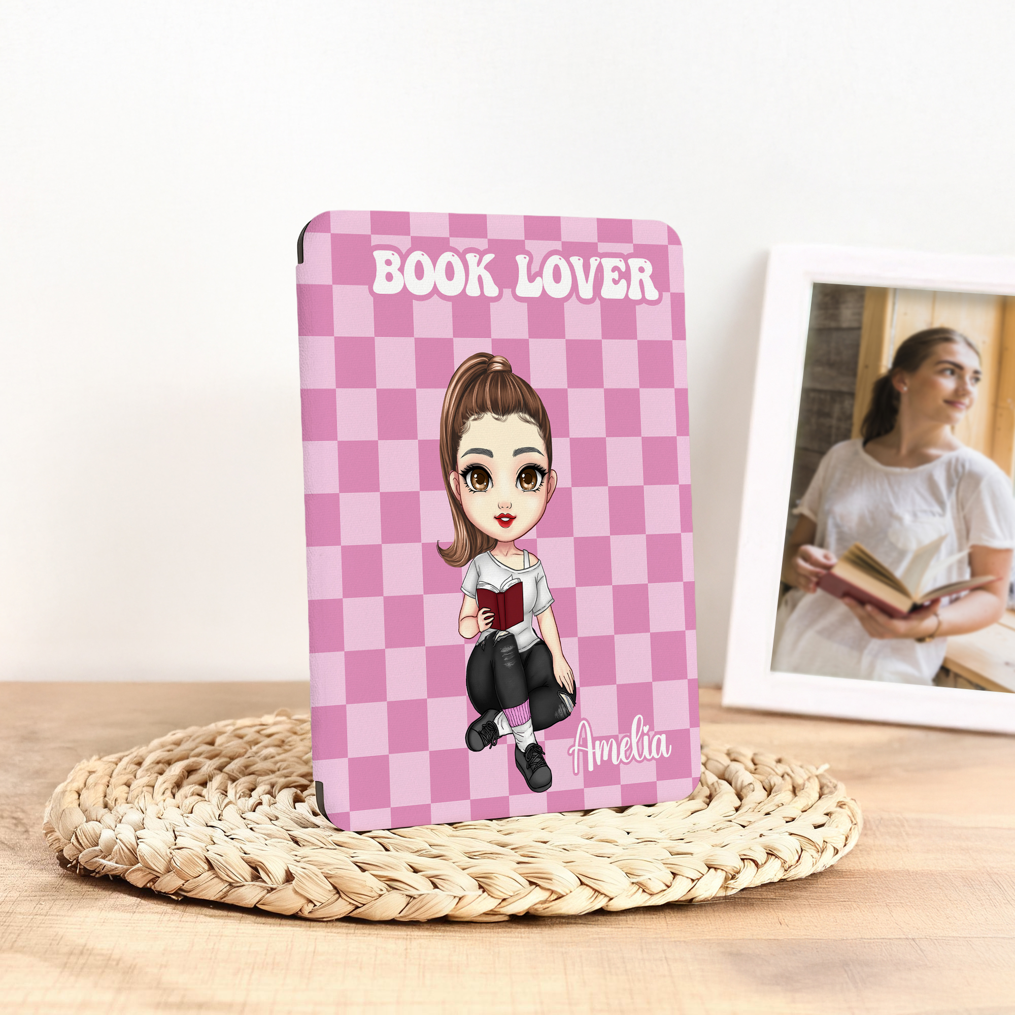 Personalised Reading Cartoon Character Checkerboard Pattern Kindle Page ...