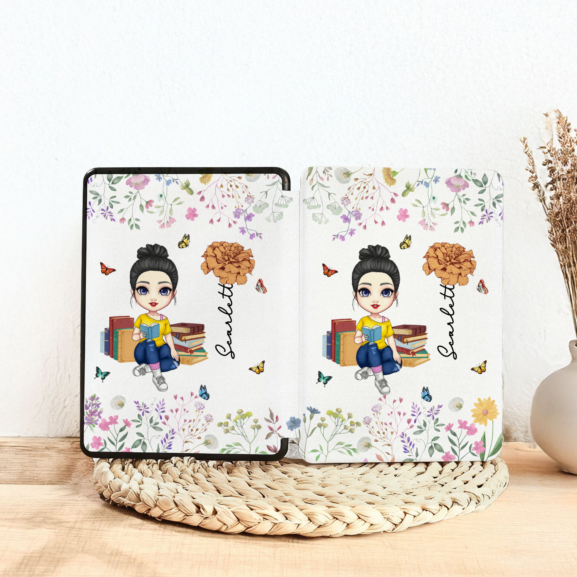 Personalised Cartoon Charatcer Birth Flower Kindle Case with Name for ...
