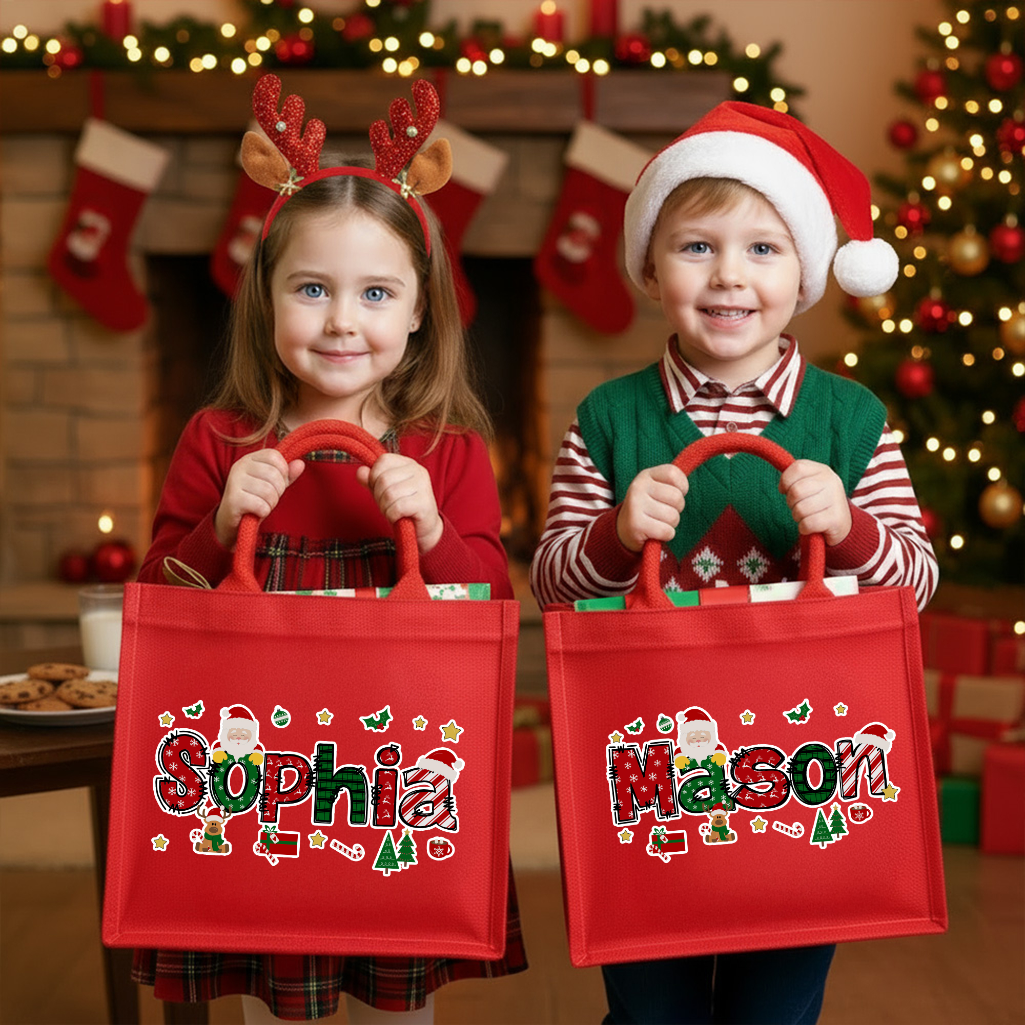 Personalised Santa Claus Christmas Theme Alphabet Large Jute Tote Bag ...