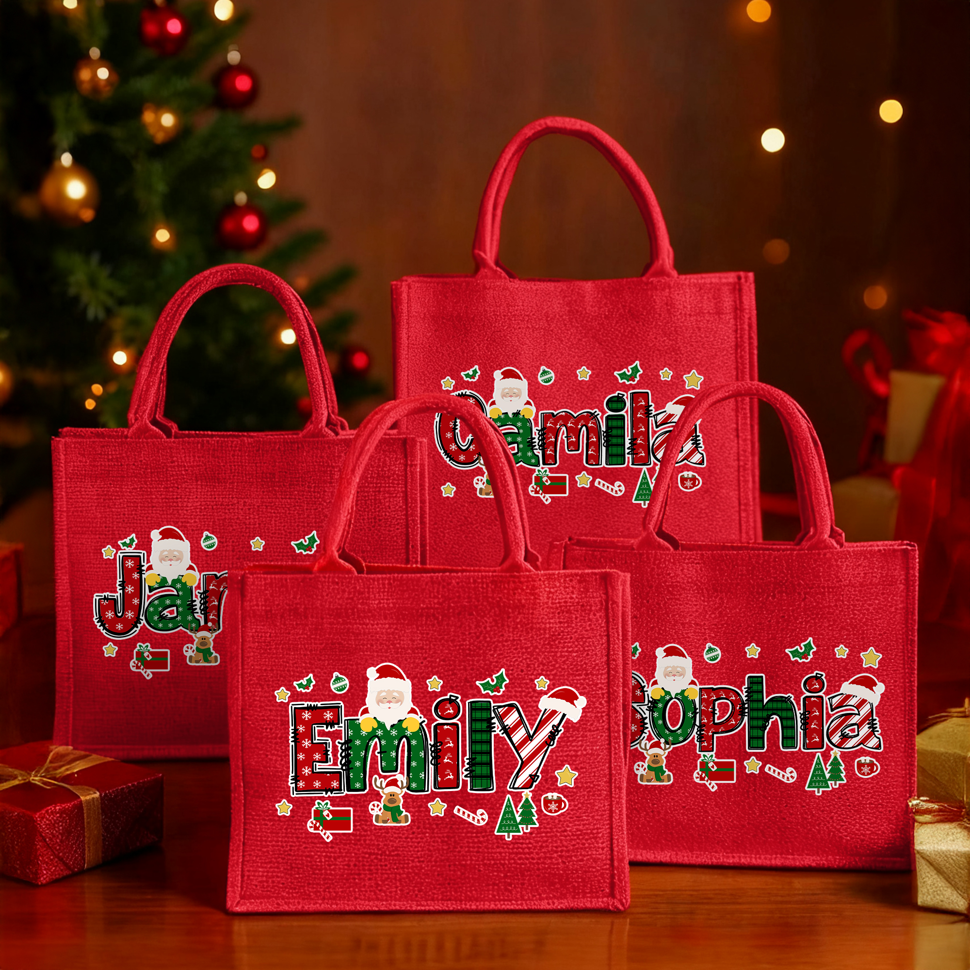 Personalised Santa Claus Christmas Theme Alphabet Large Red Jute Tote ...