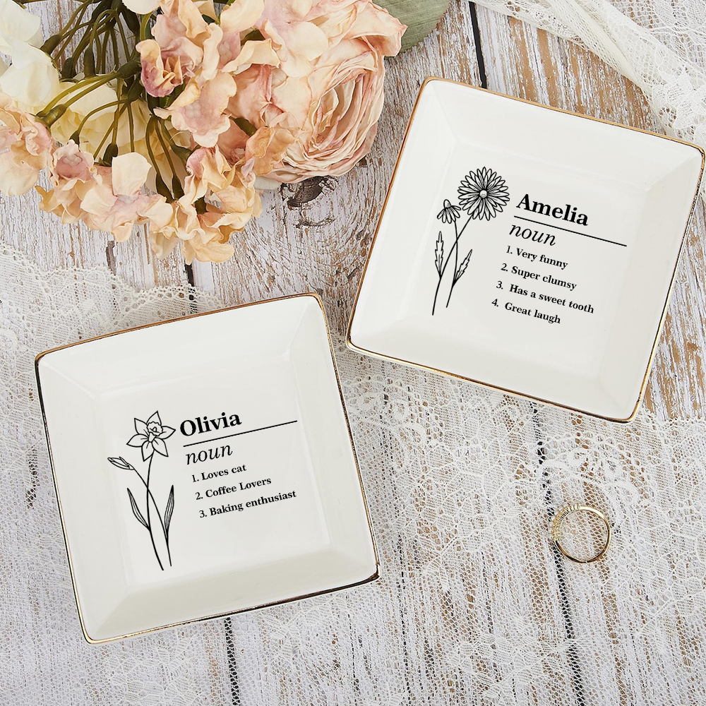 Personalized Birth Flower Ceramic Trinket Jewelry Dish with Name ...