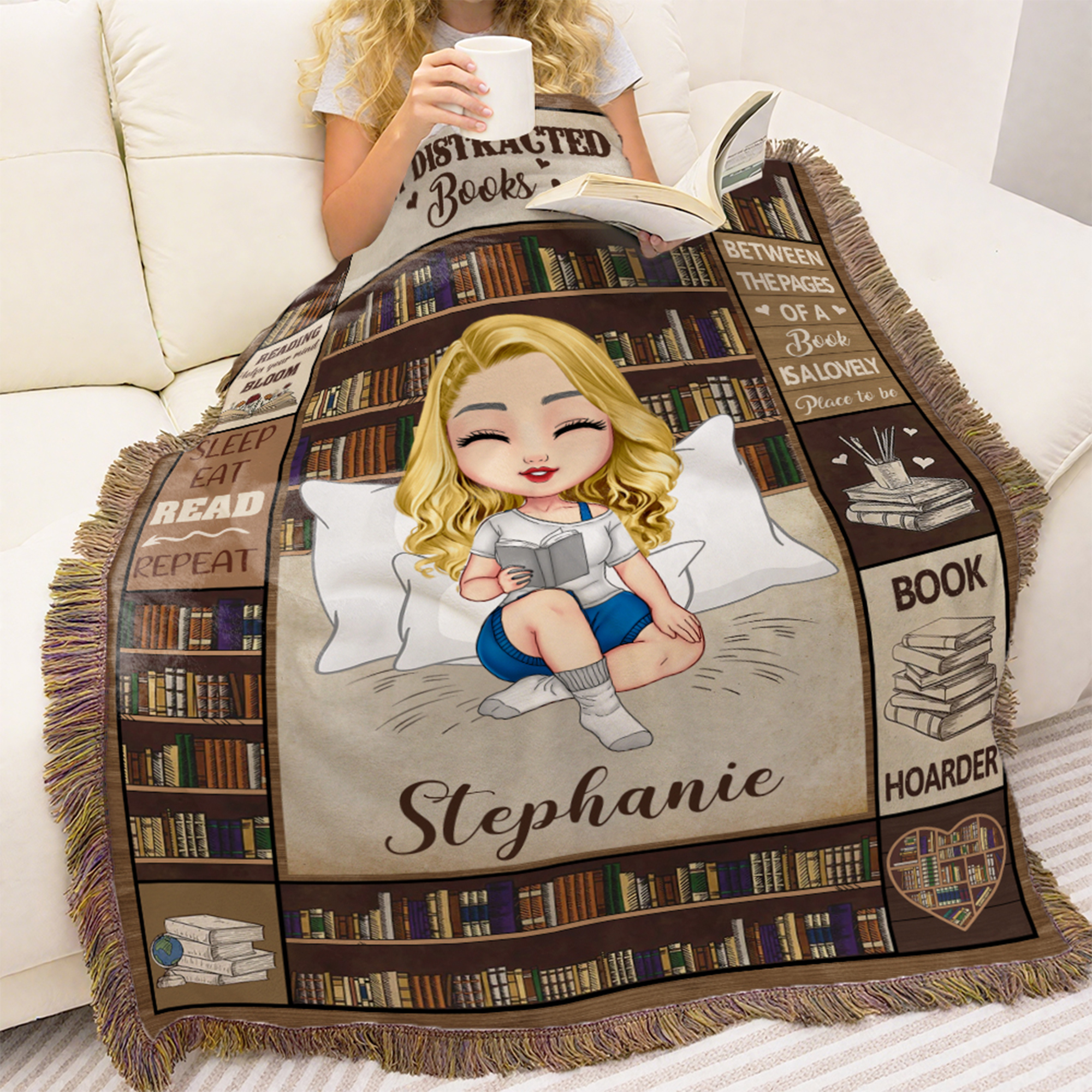 Personalised Cartoon Reading Character Retro Tassel Soft Throw Blanket with Name Home Decor ...