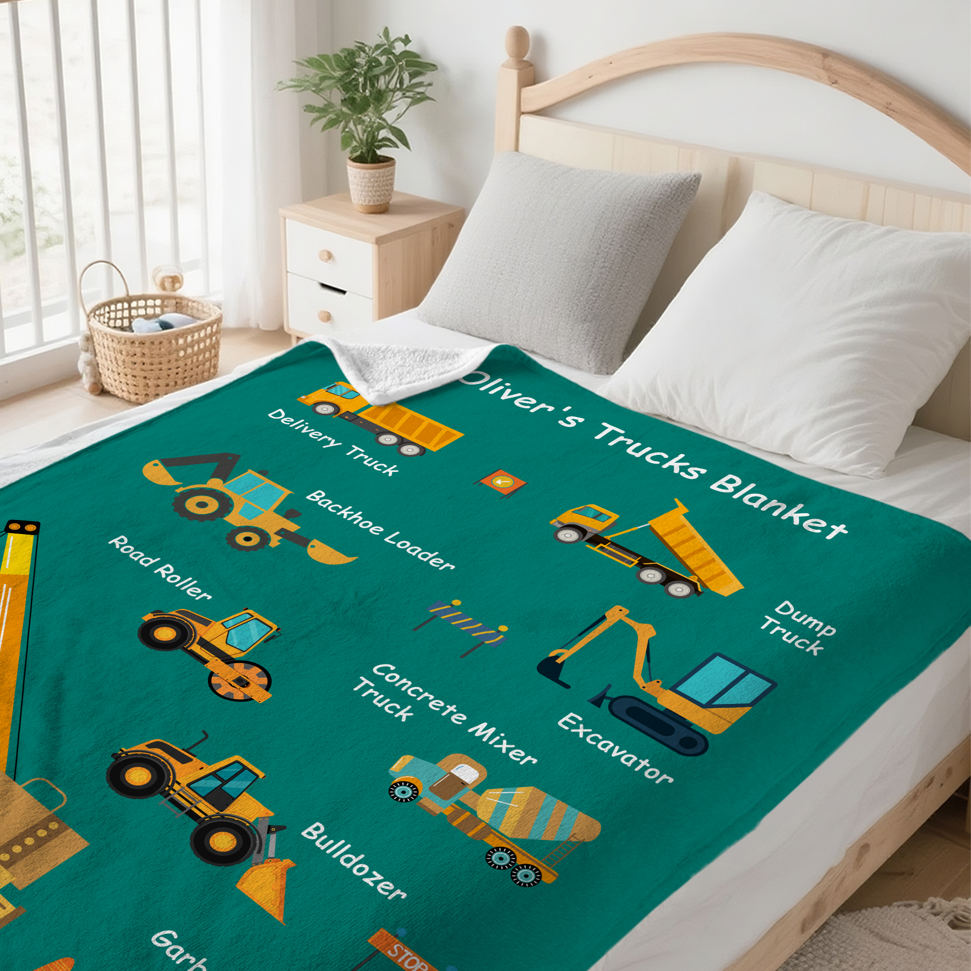 Personalised Cartoon Construction Lorrys Soft Throw Blanket with Text ...