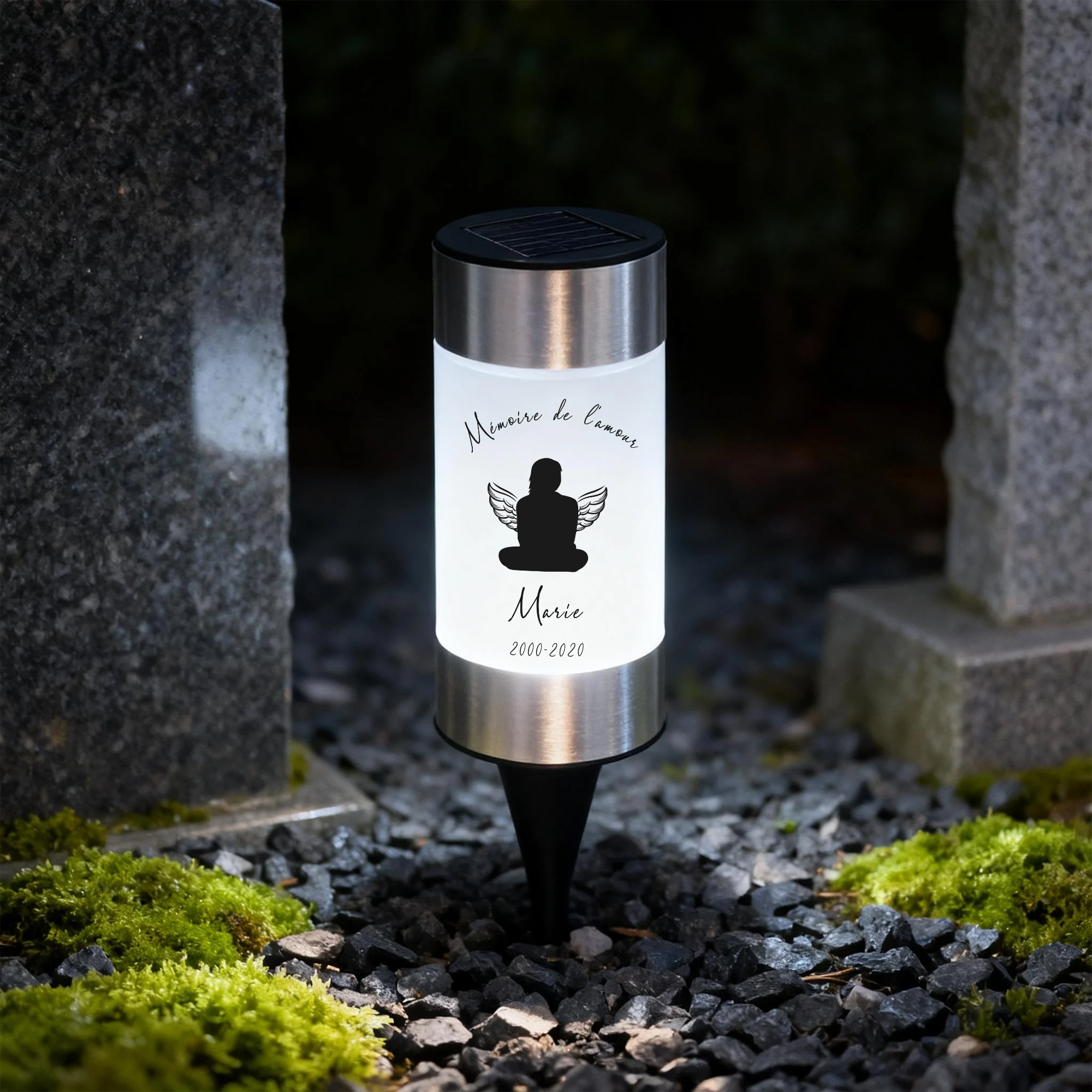 Lampe solaire personnalisée avec nom date texte et silhouette de ...