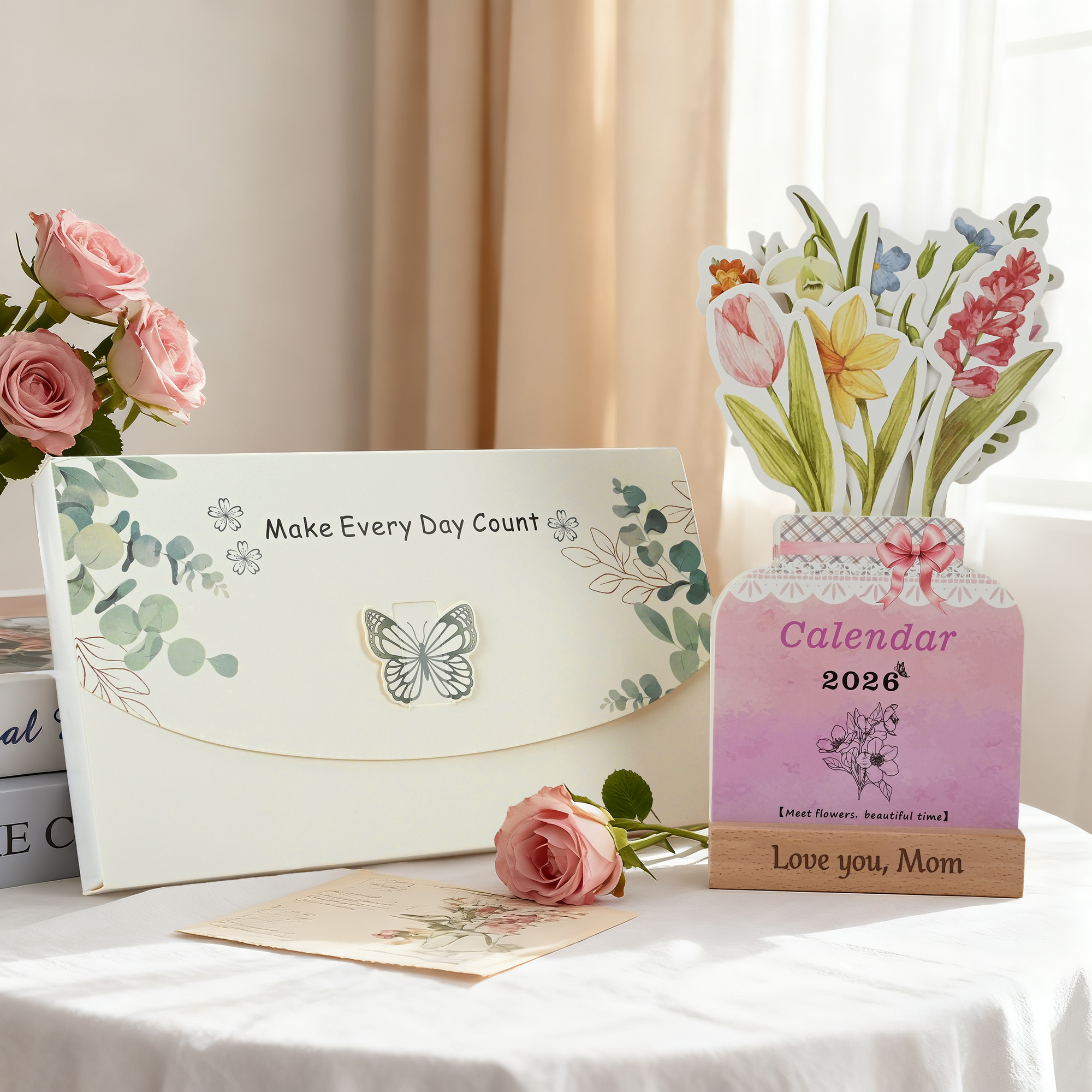 Personalised Watercolour Floral 2026 Desk Calendar with Engraving Text ...
