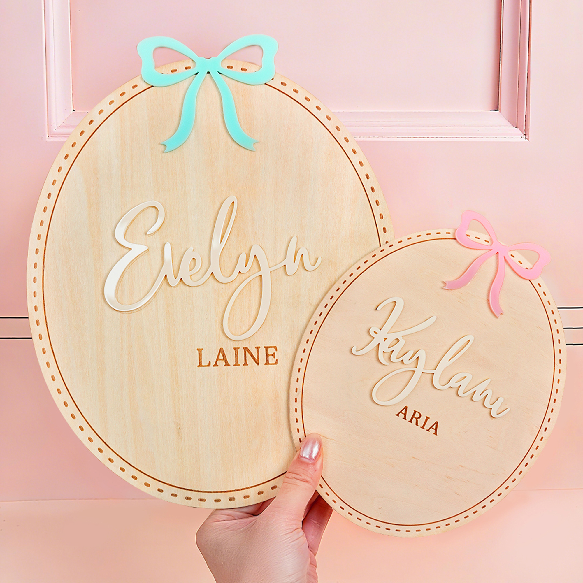 Personalised Coquette Bow Wooden Oval Baby Announcement Sign with Name ...