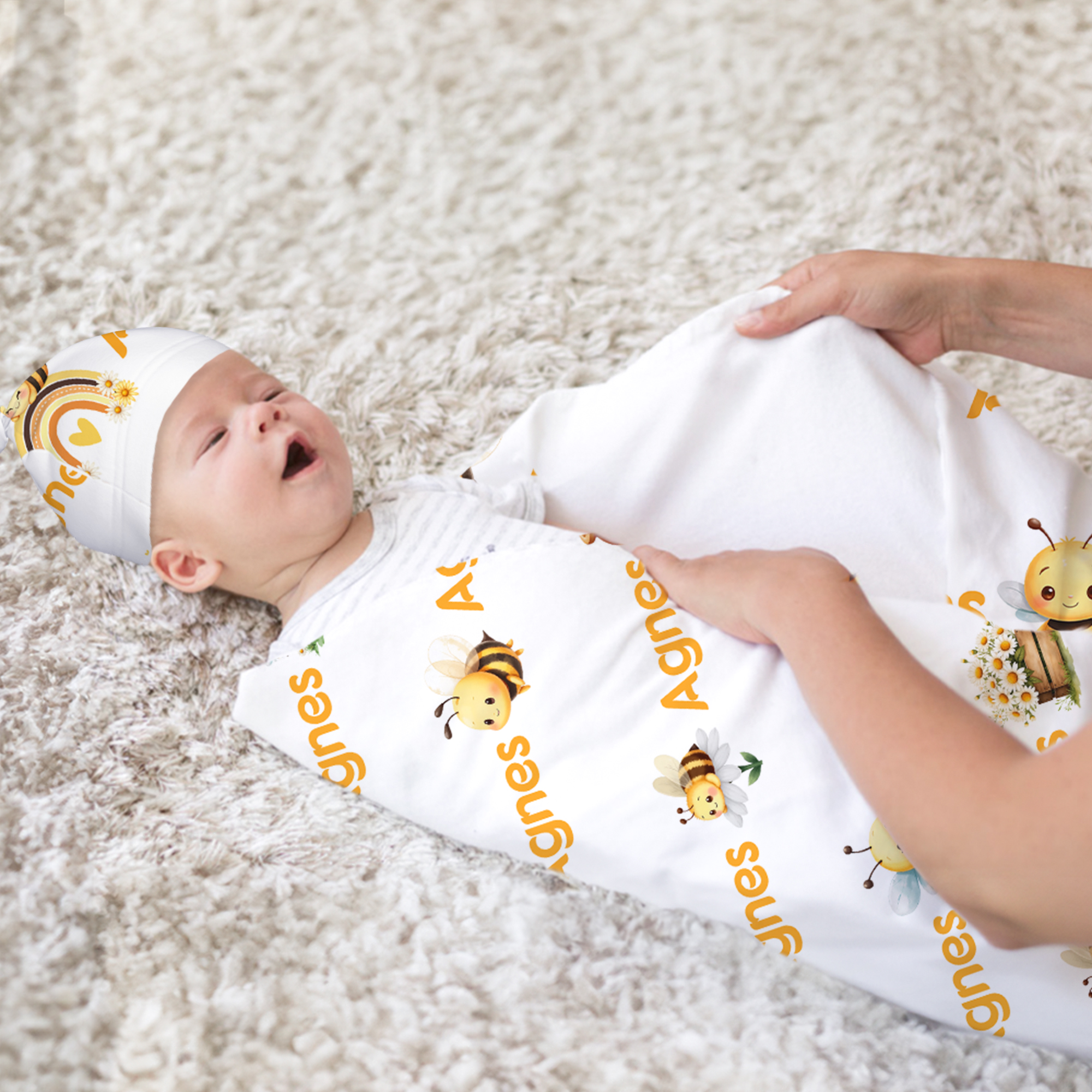 Personalised Bee Flower 100% Cotton Swaddle Blanket and Knot Hat Set ...