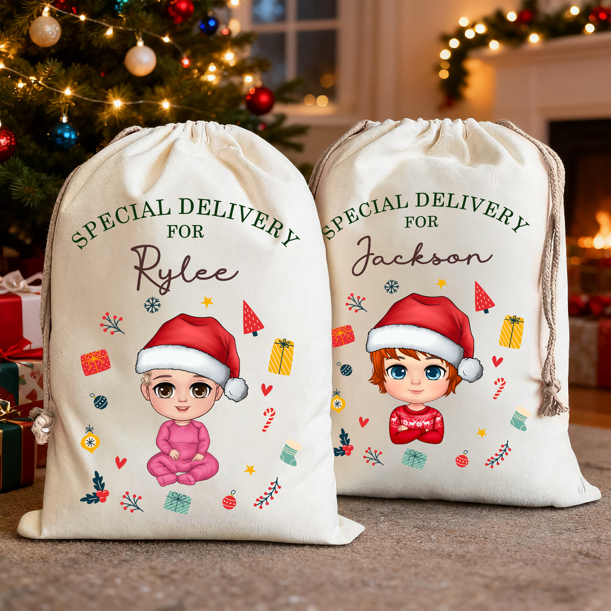 Personalized Santa Hat Cartoon Character Christmas Sack Drawstring ...