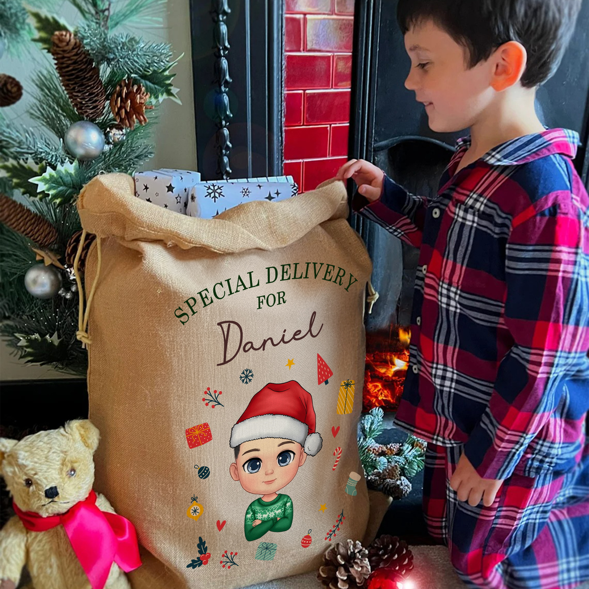 Personalized Santa Hat Cartoon Character Christmas Sack Drawstring ...
