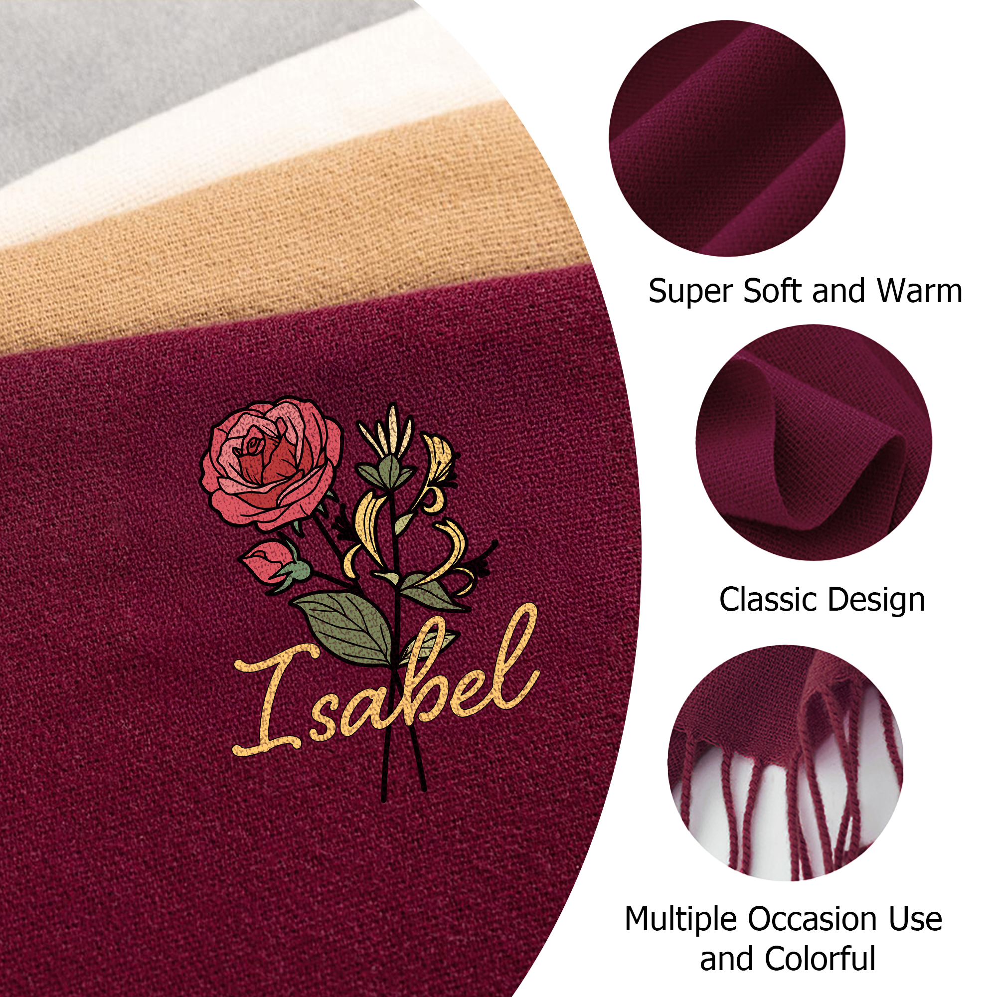 Personalized Multicolor Birth Flower Bouquet Faux Cashmere Scarf Tassel ...