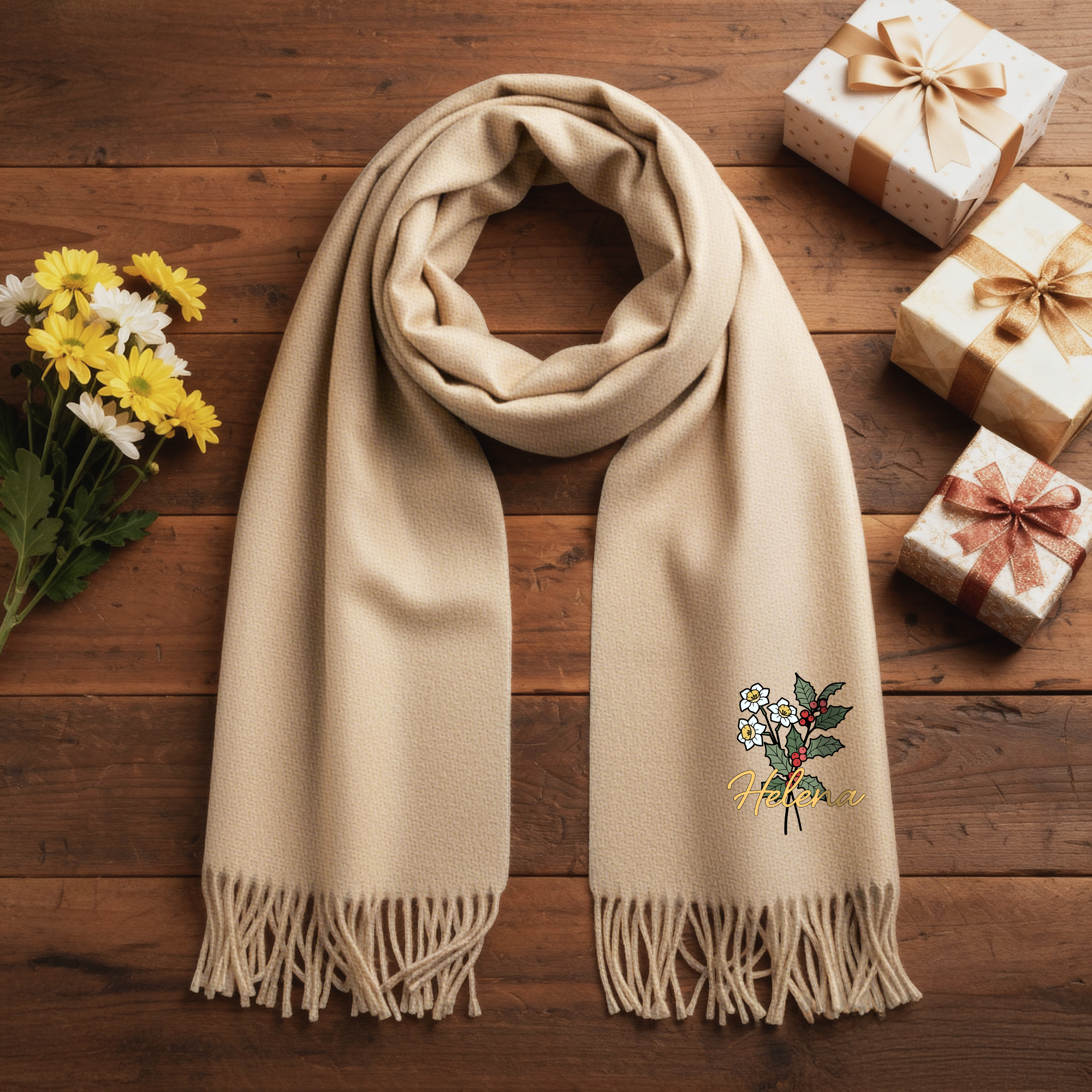 Personalized Multicolor Birth Flower Bouquet Faux Cashmere Scarf Tassel ...