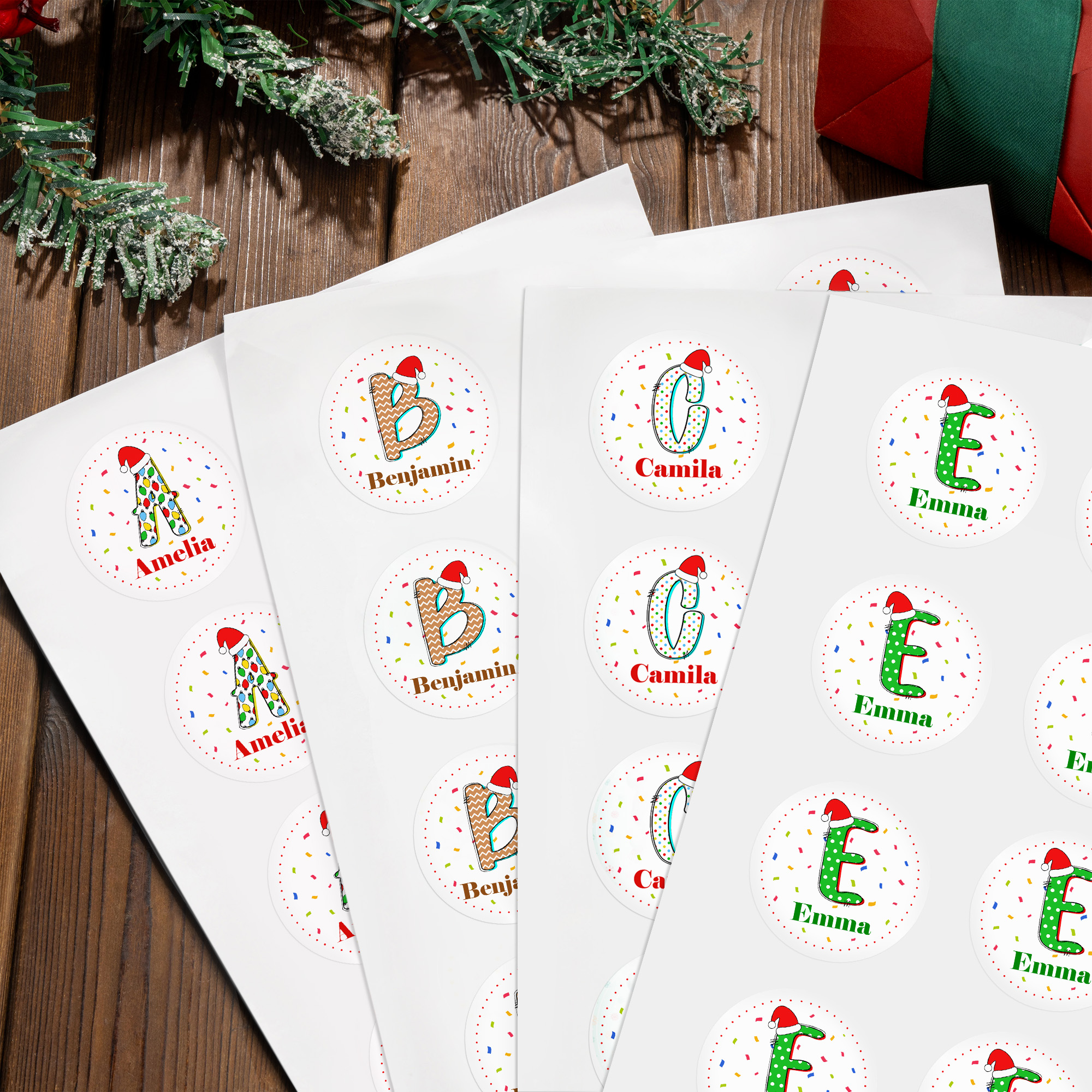 Personalised Santa Hat Initial Colourful Fireworks Waterproof Stickers ...
