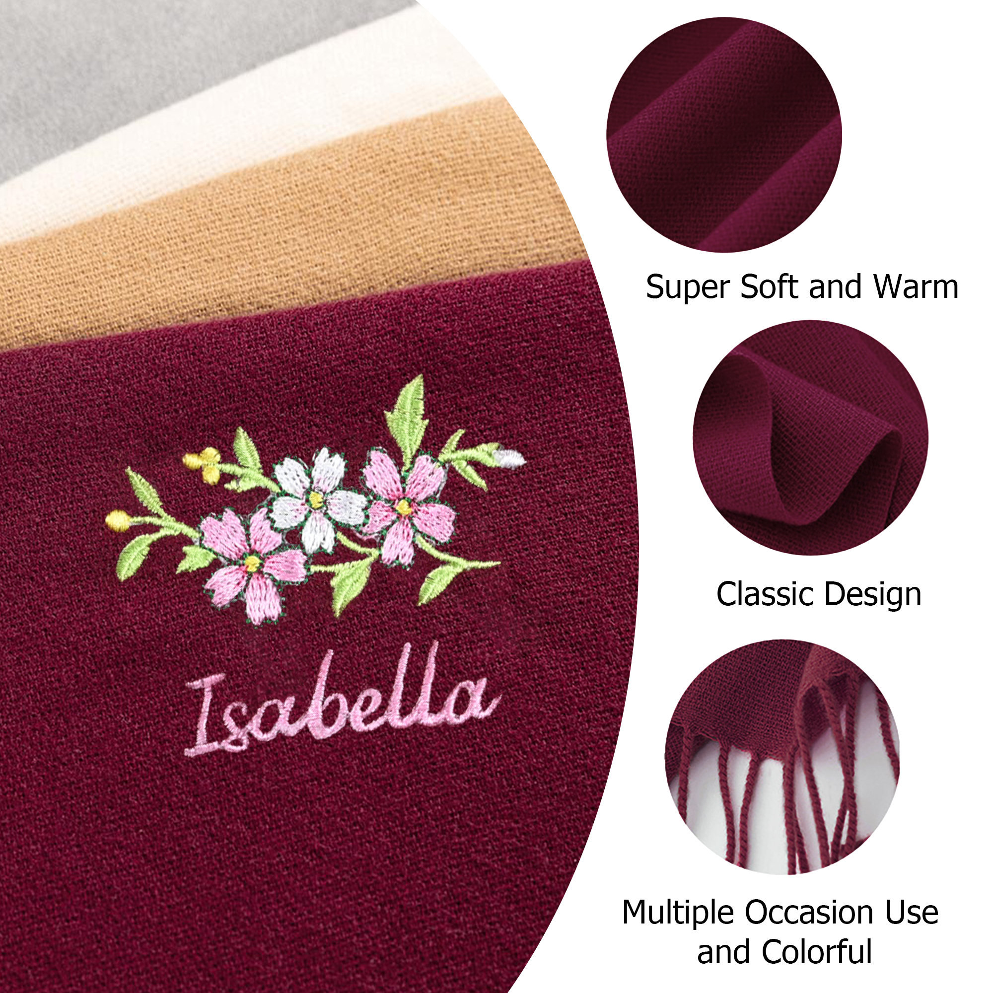Personalized Colorful Embroidered Floral Soft Warm Tassel Scarf with ...