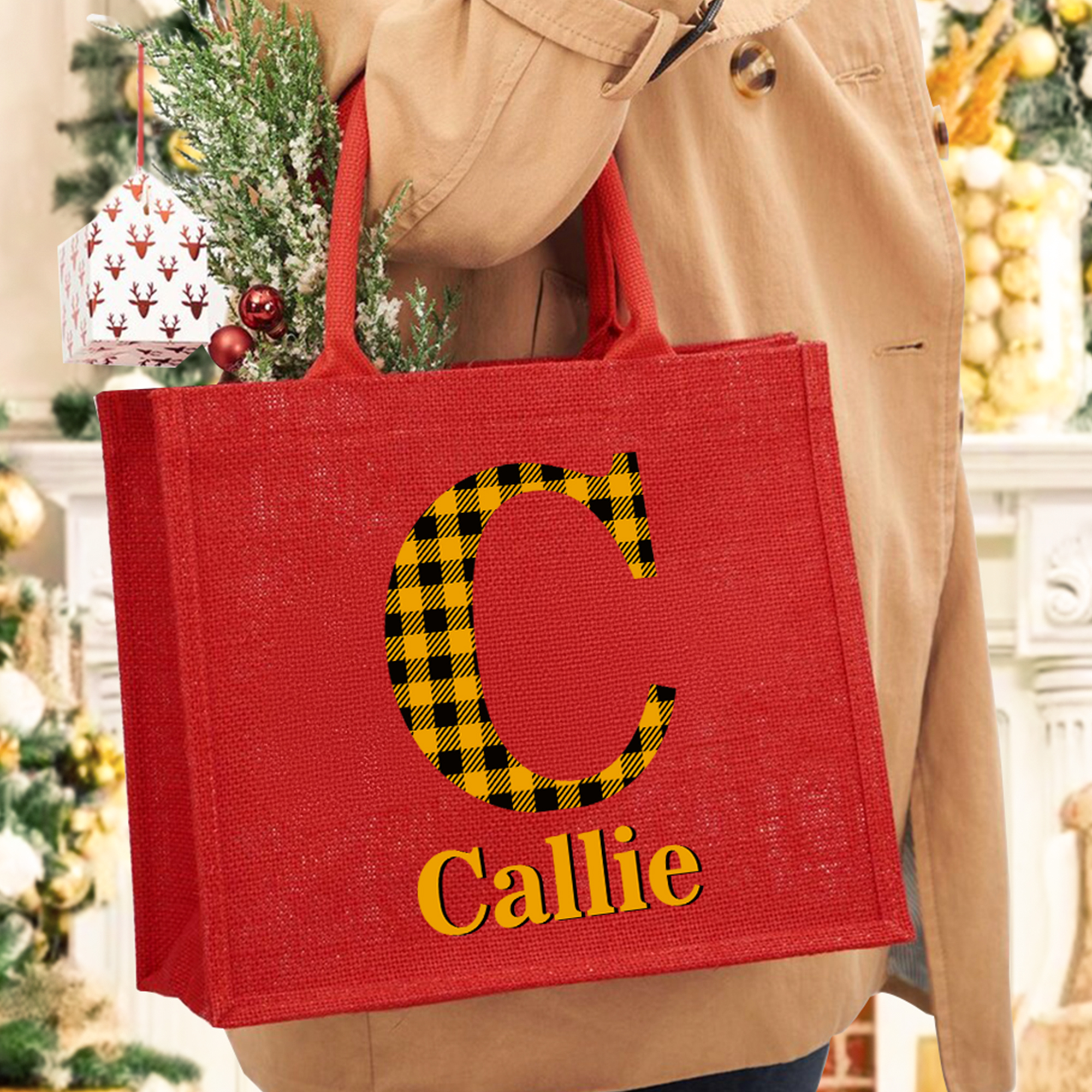 Personalised Plaid Initial Paw Red Jute Tote Bag with Name Christmas ...