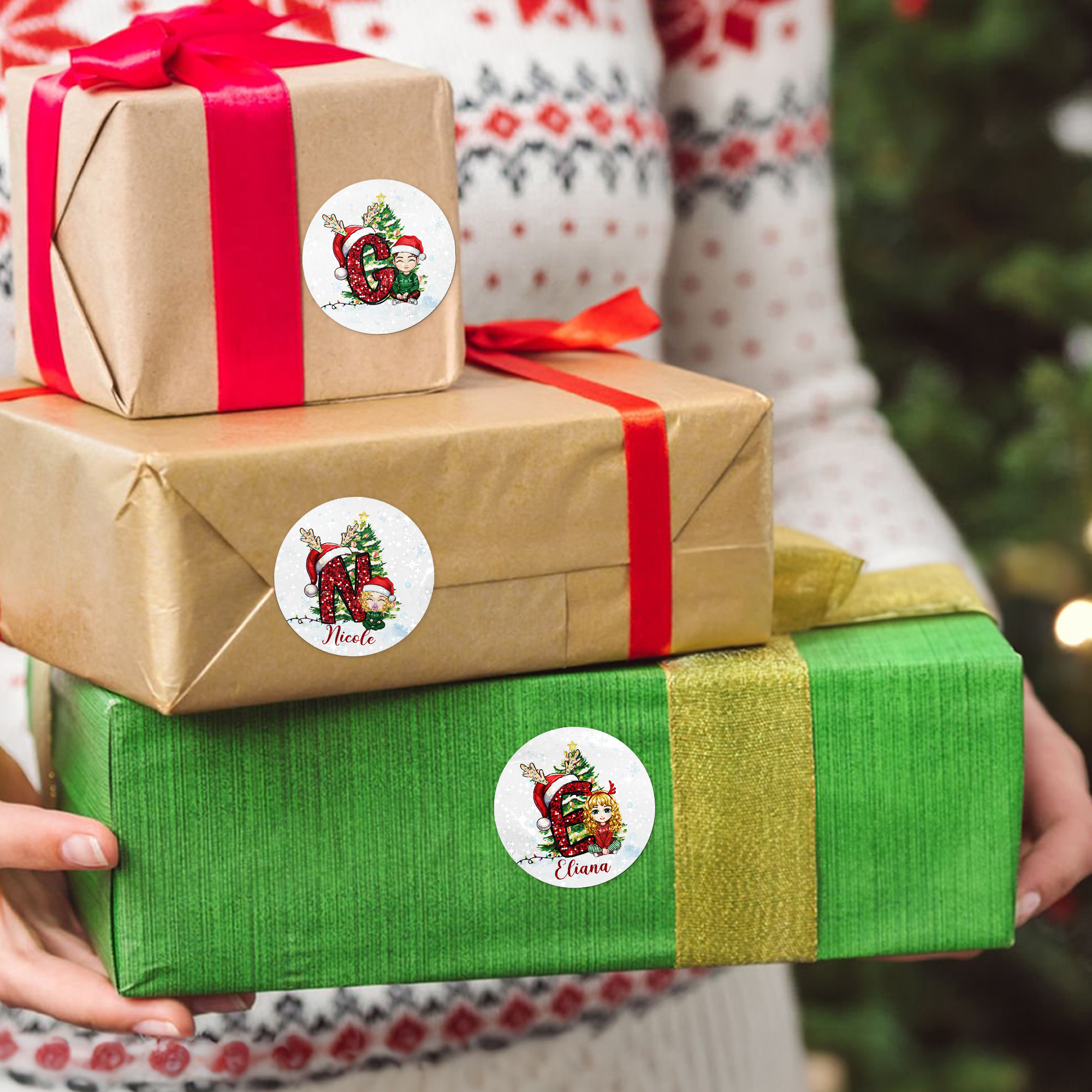 Personnalisé Santa Hat Initial Cartoon Character Glitter Stickers with ...