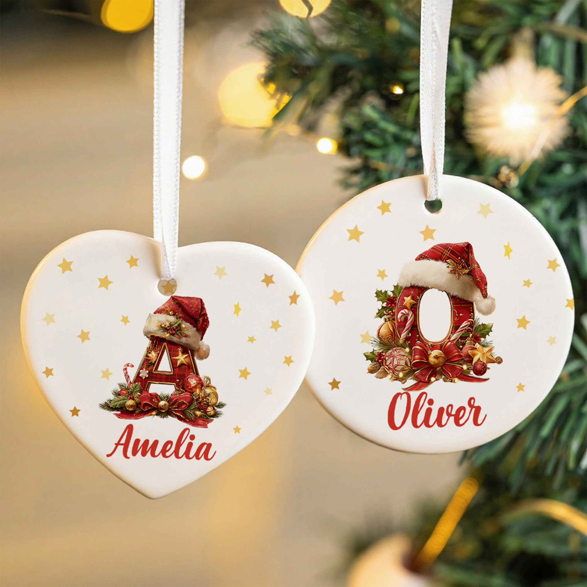 Personalized Santa Hat Heart Round Ceramic Ornament with Name and ...