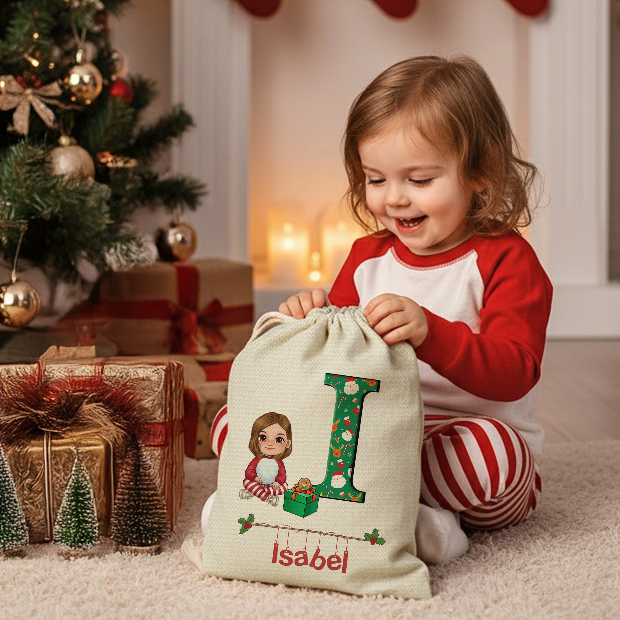 Personalised Cute Cartoon Character Christmas Drawstring Gift Bag with ...
