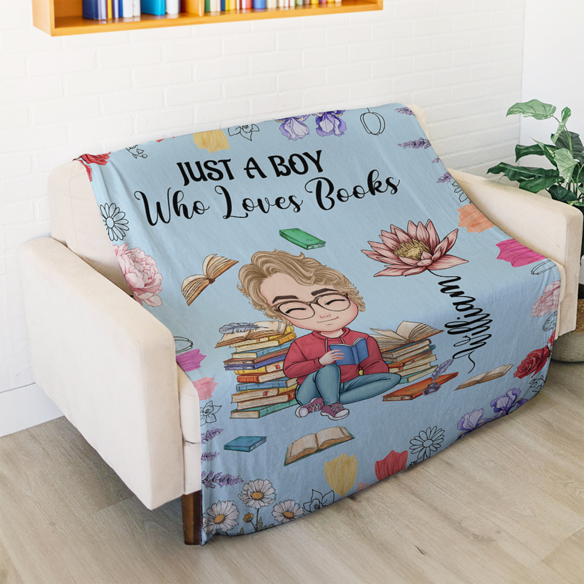 Personalised Cartoon Reading Character Birth Flower Soft Throw Blanket ...