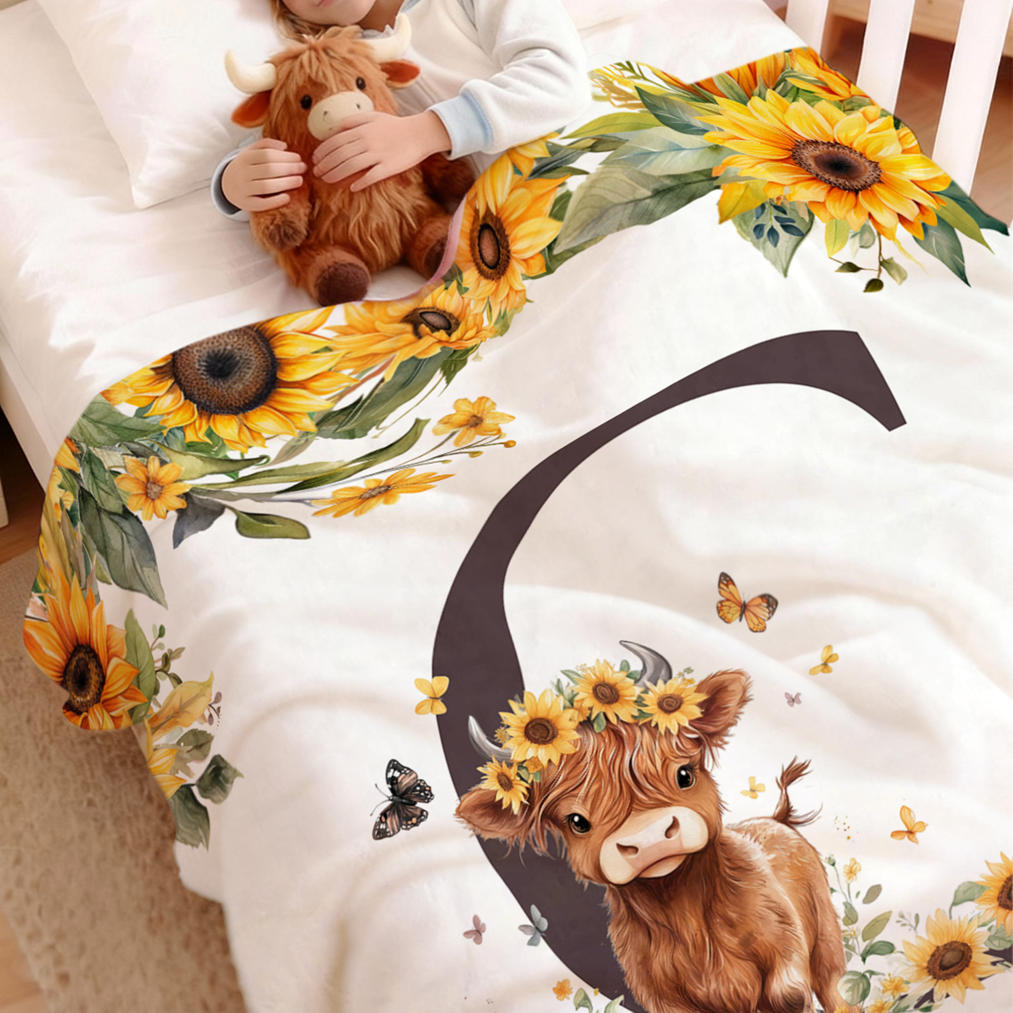 Personalised Cute Highland Cow Sunflowers Soft Throw Blanket with Name ...
