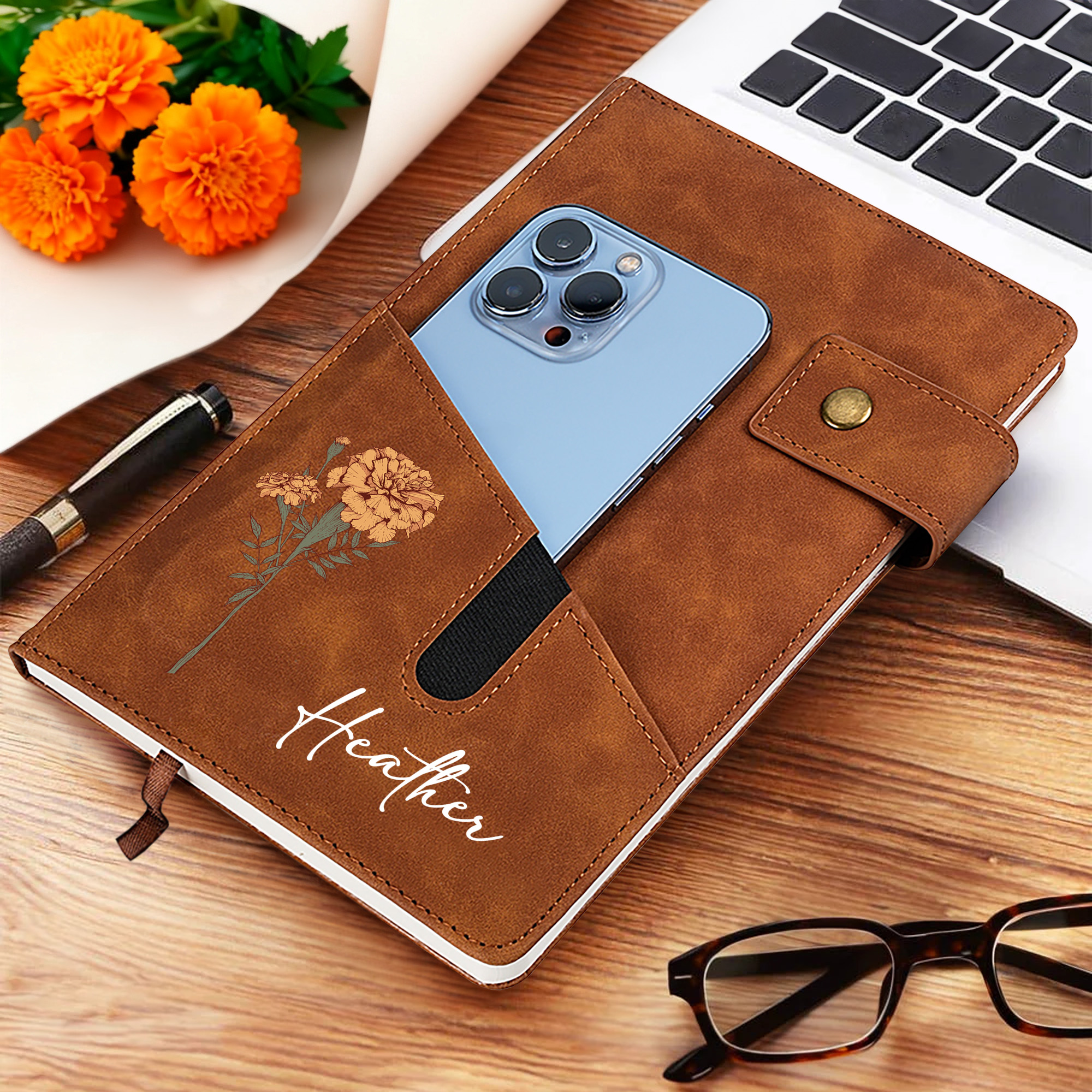 Personalized Birth Flower Name PU Leather A5 Notebook with Storage ...