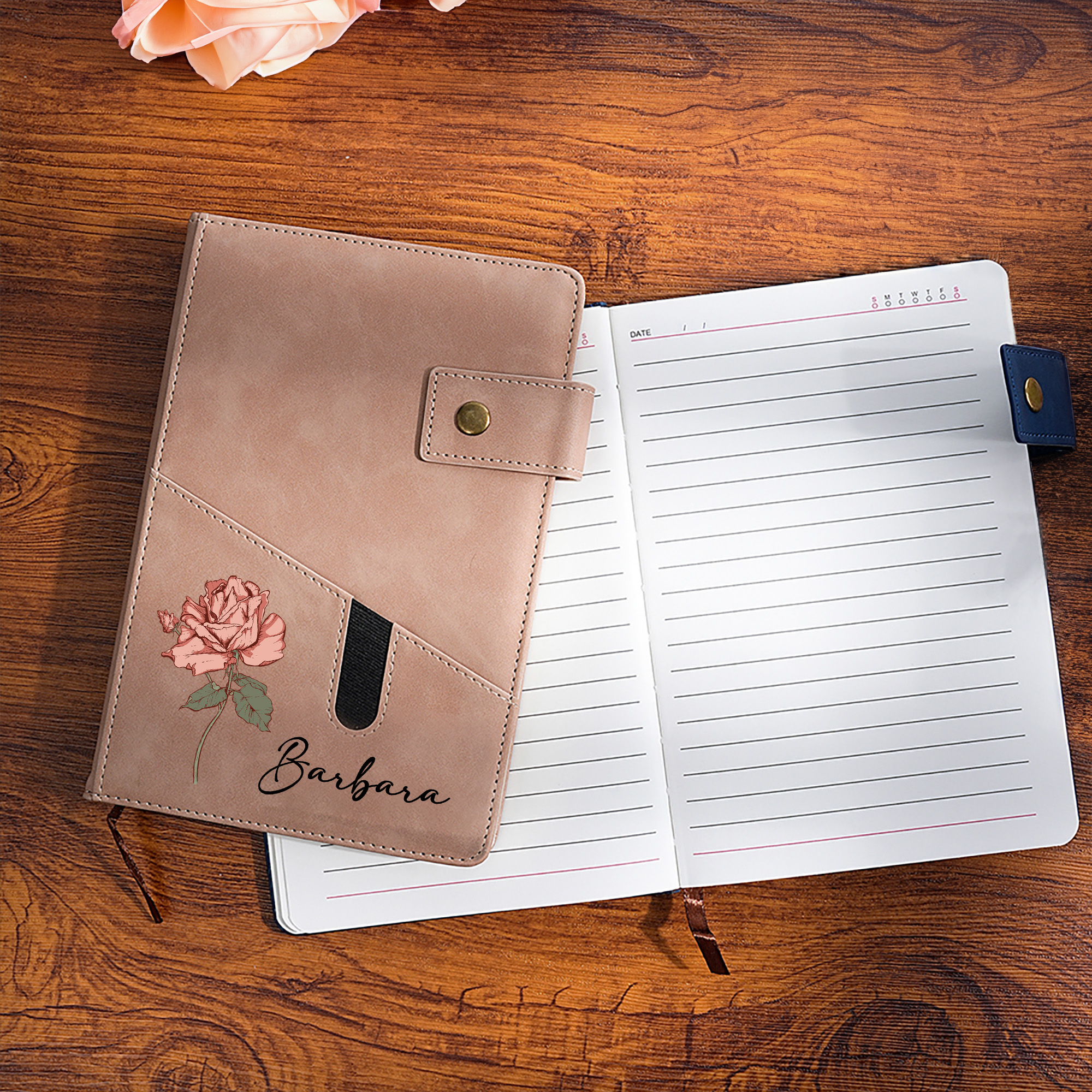 Personalized Birth Flower Name PU Leather A5 Notebook with Storage ...