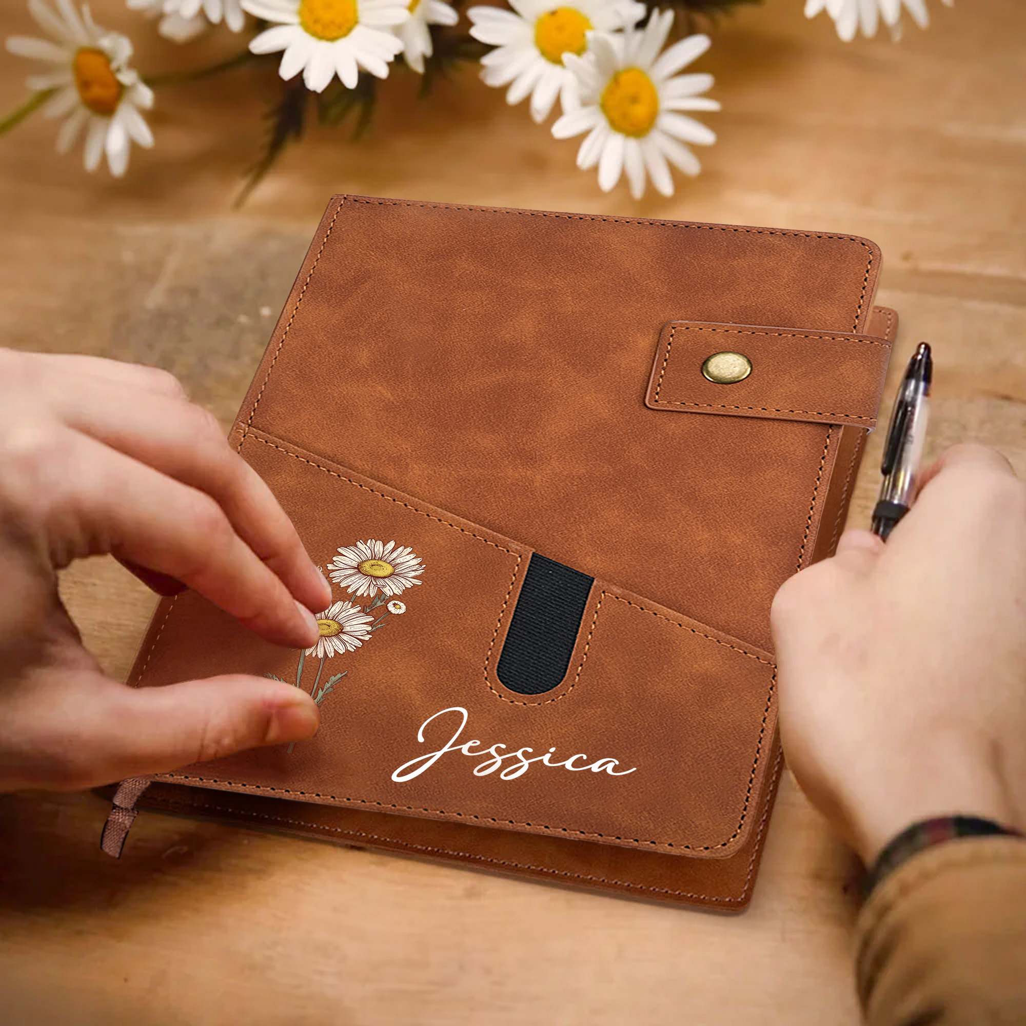 Personalized Birth Flower Name PU Leather A5 Notebook with Storage ...