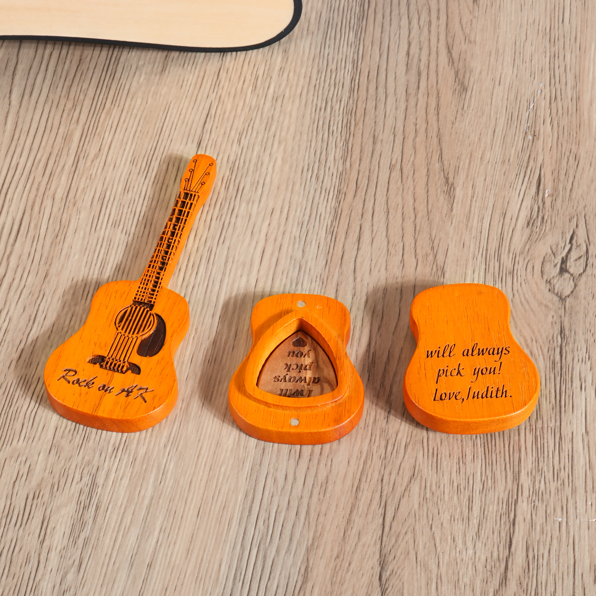 Personalized Wooden Guitar-Shaped Guitar Pick Holder with Engraved Text ...