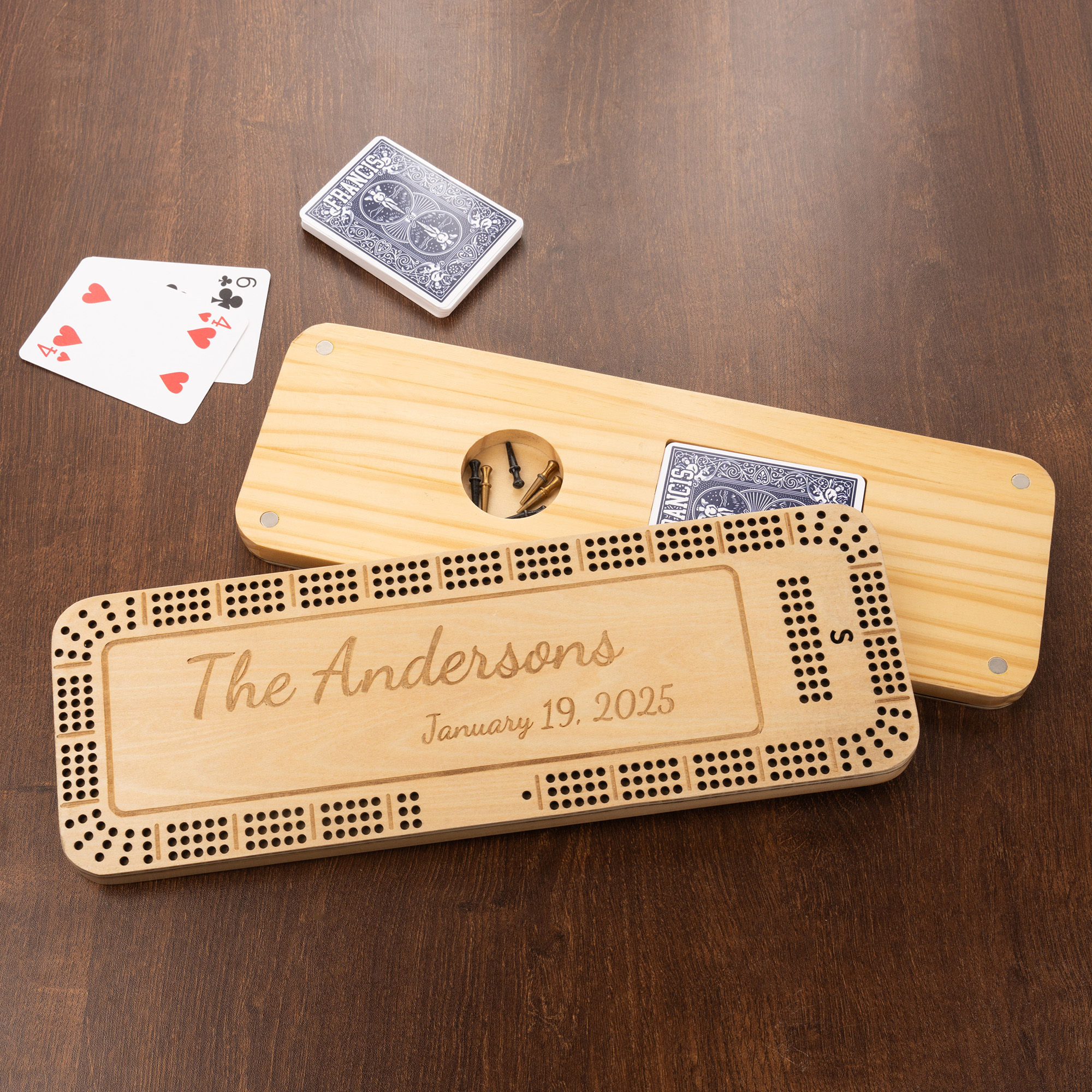 Personalized Wooden 3 Track Text Cribbage Board with Pegs and Poker ...