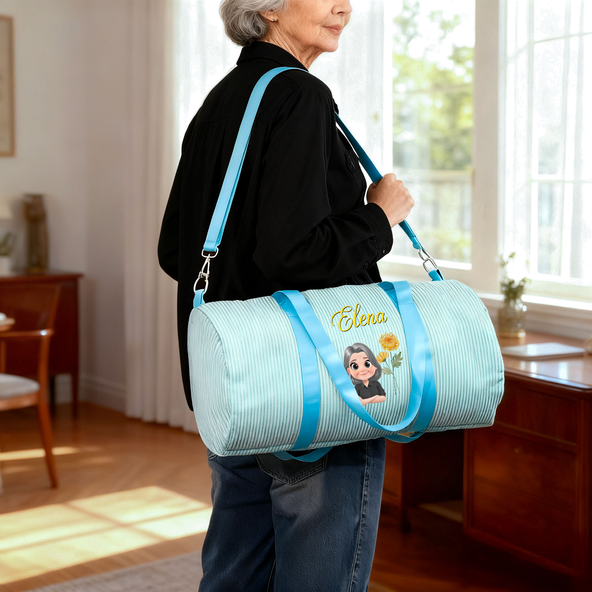 Personalized 3D Cartoon Character Birth Flower Striped Travel Duffel ...