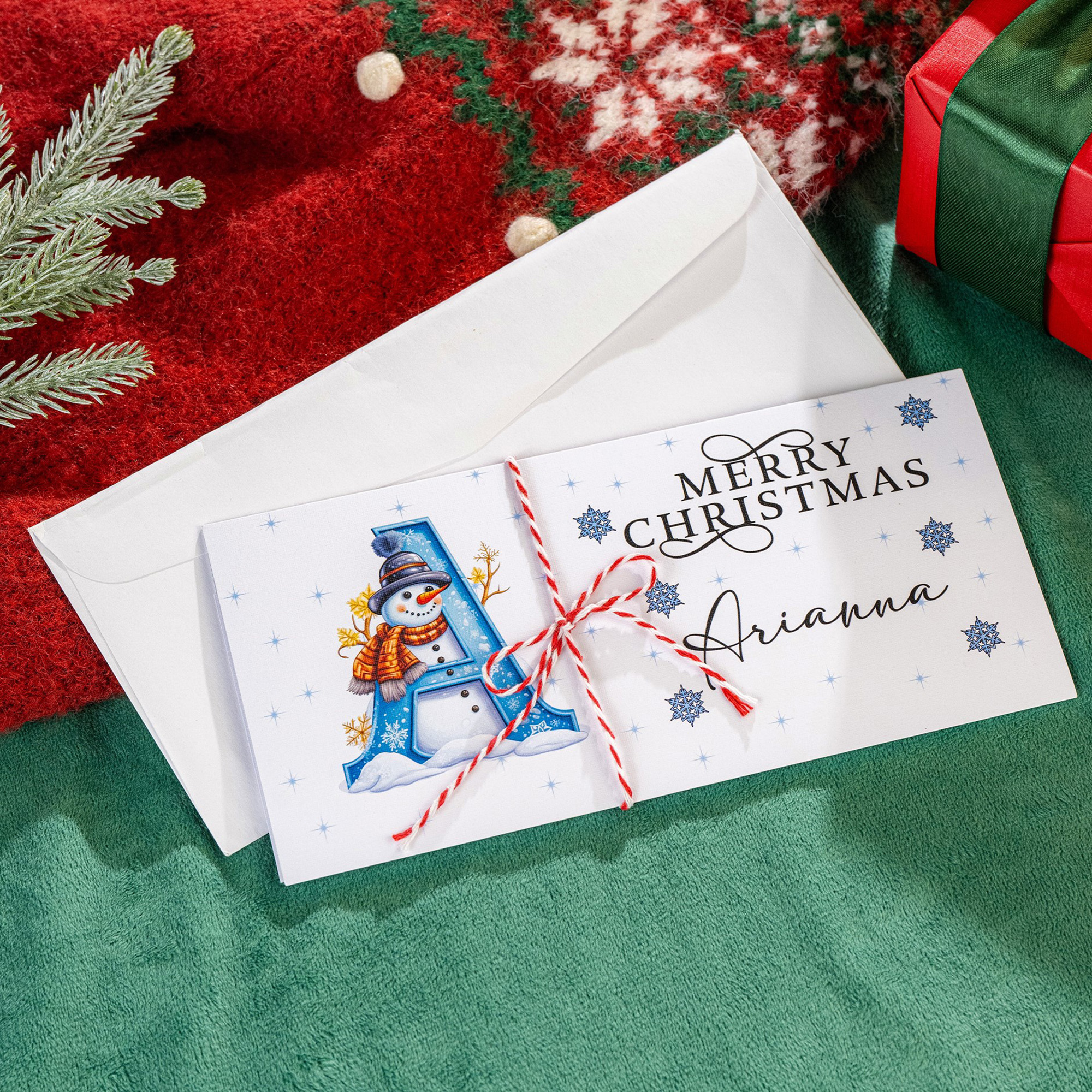 Personalised Merry Christmas Snowman Initial Money Holder Card Wallet with Name and Envelope ...