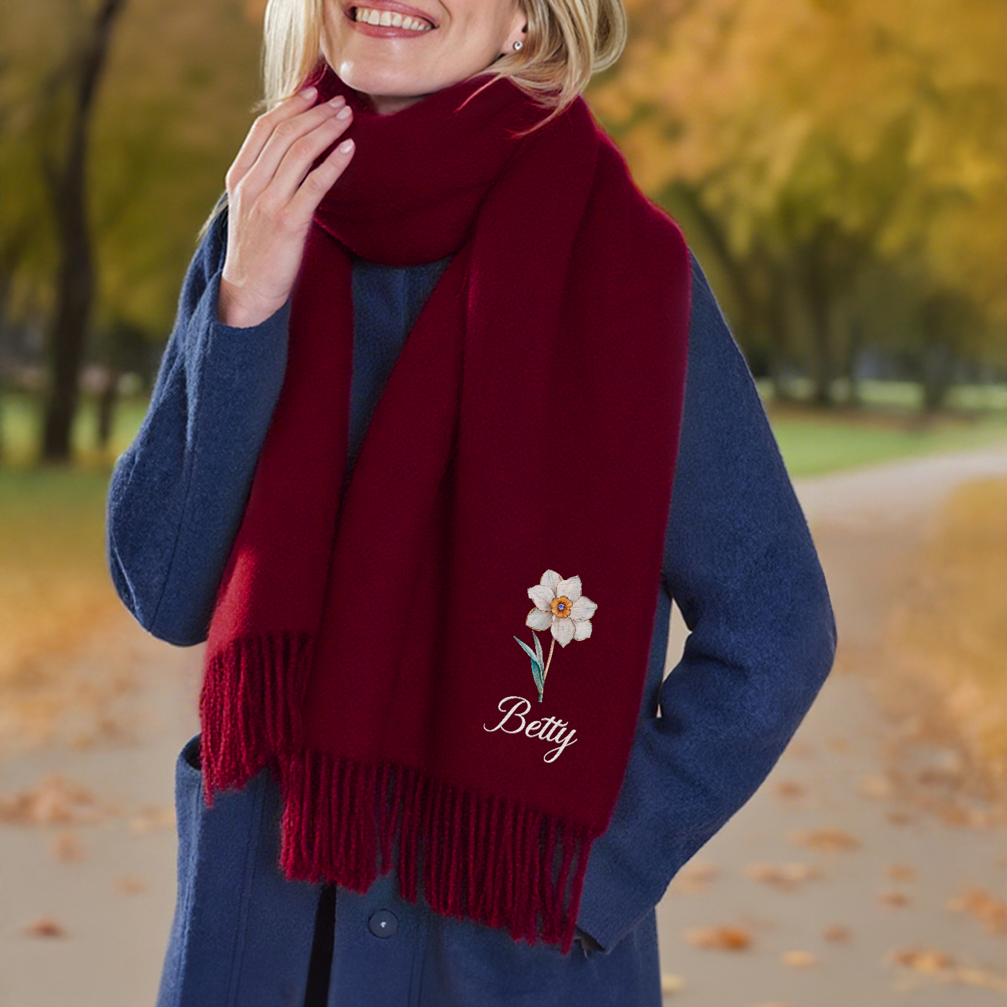 Personalized Birth Flower Birthstone Soft Warm Tassel Scarf with Name ...