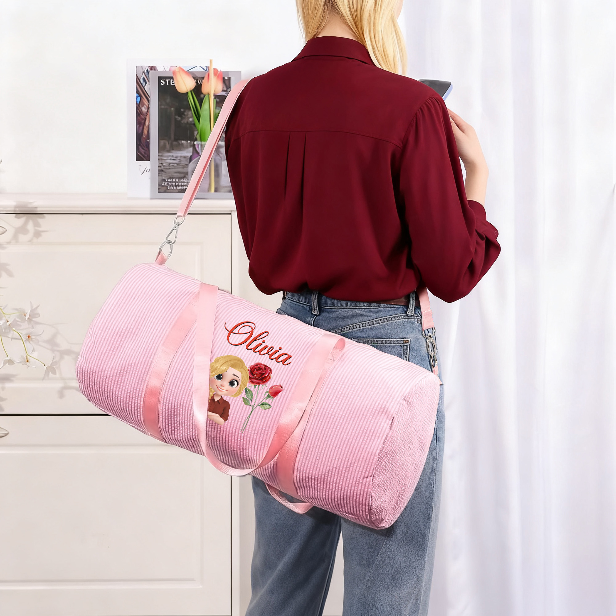 Personalised 3D Cartoon Character Birth Flower Striped Travel Duffel ...