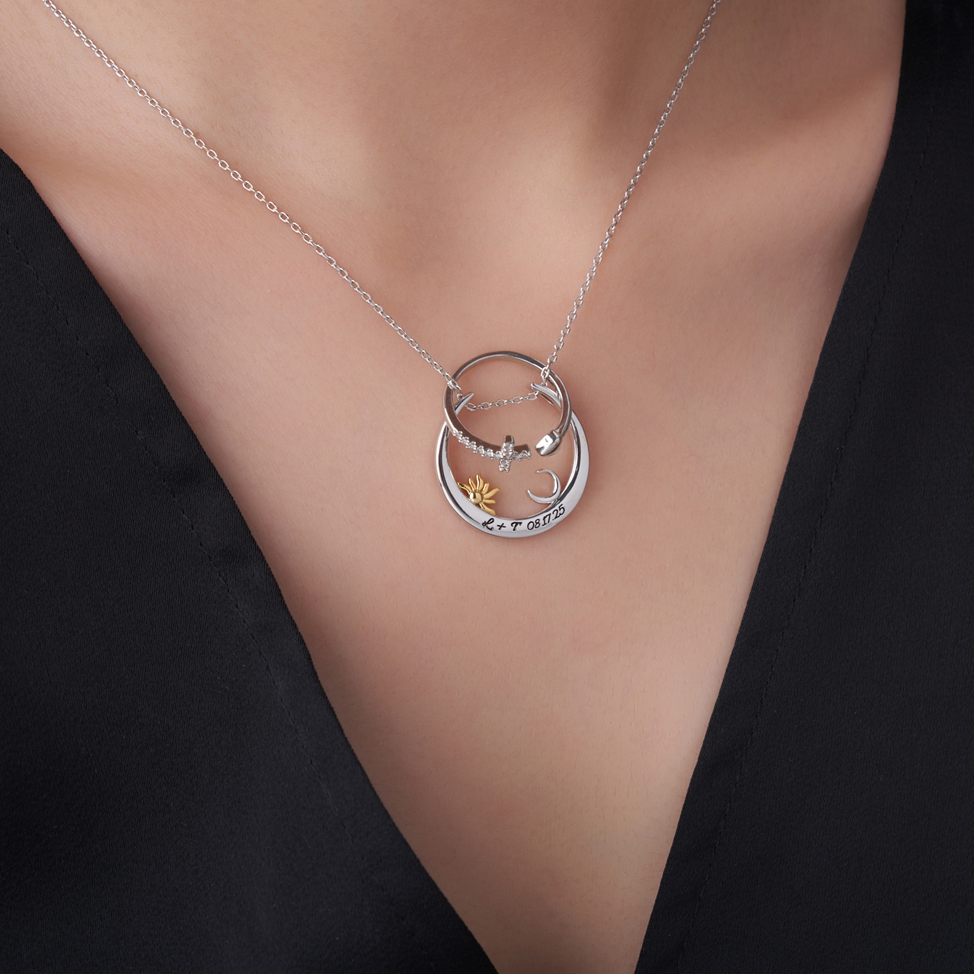 Personalizzato Squisito Luna Sole Anello Collana con testo Matrimonio ...